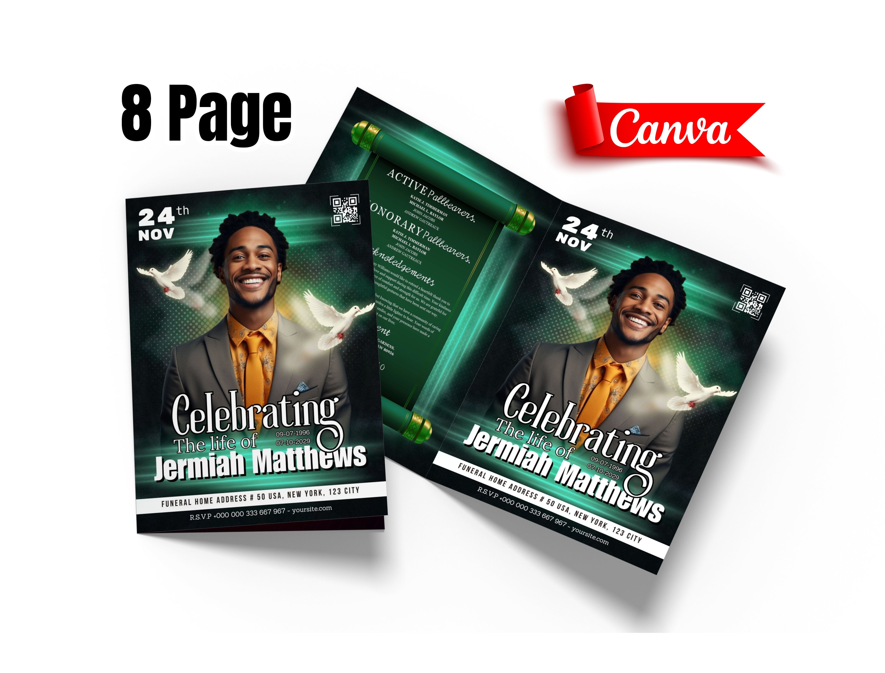 8 Page Green Funeral Program Template, Canva Funeral Booklet Template ...