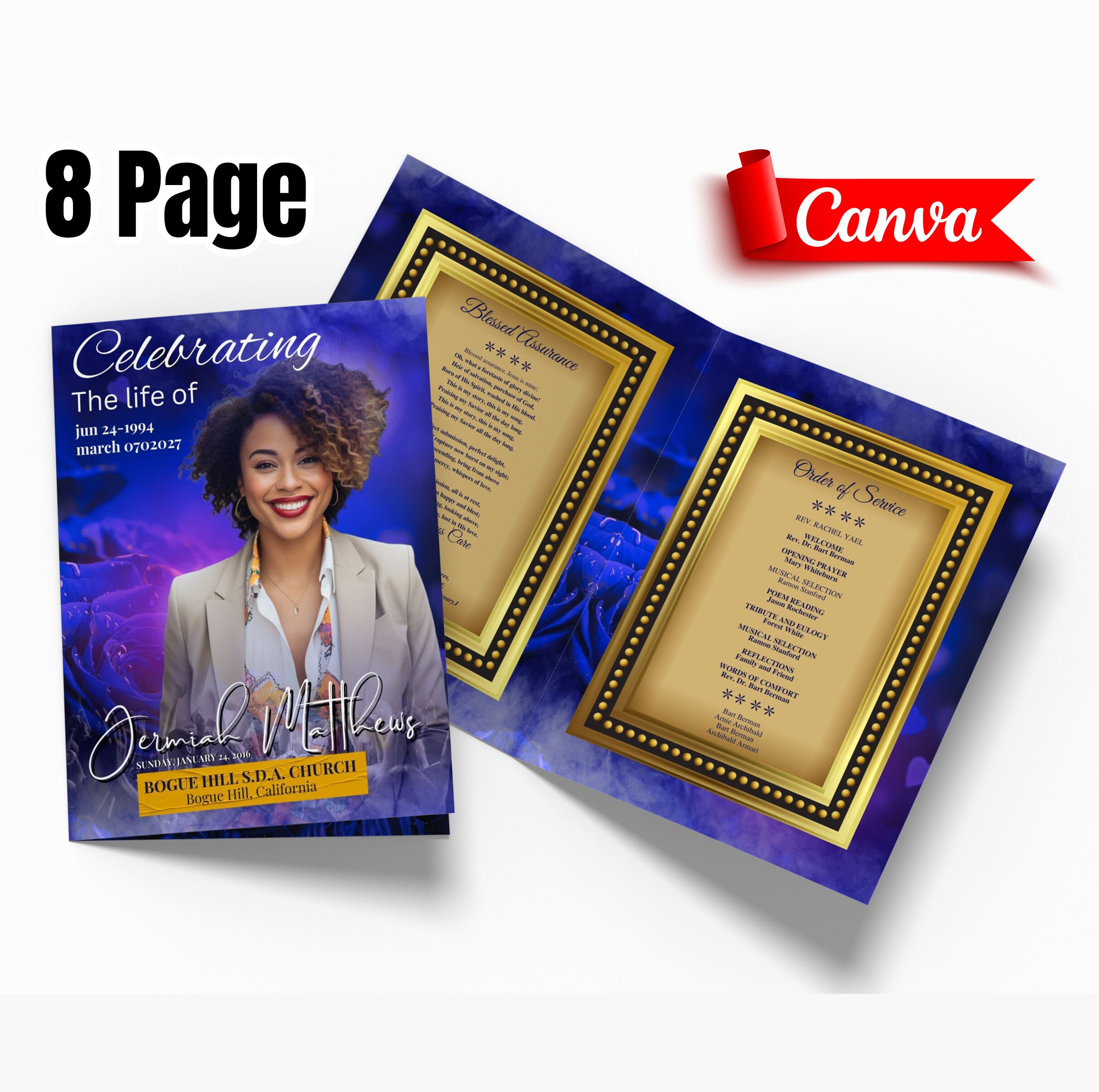 8 Page Blue Gold Funeral Program Template, Canva Funeral Booklet ...