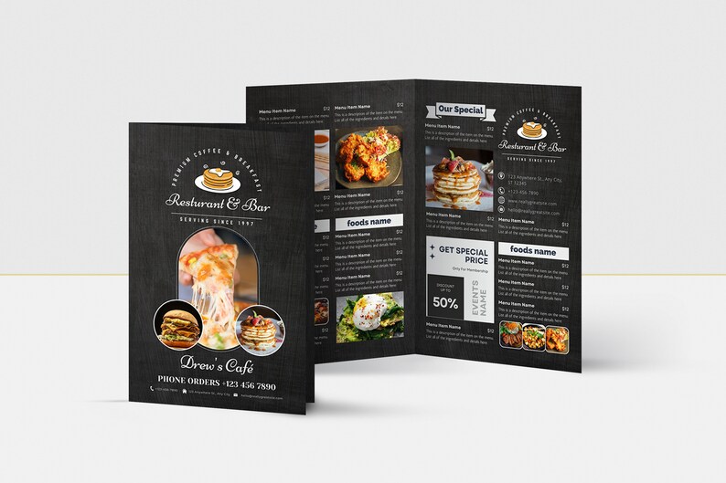 Bi-fold A4 Food Menu Black Template Simple Food Menu - Etsy