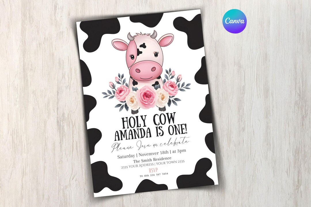 Editable Cow Birthday Invitation DIY Canva Template, Cow-themed ...
