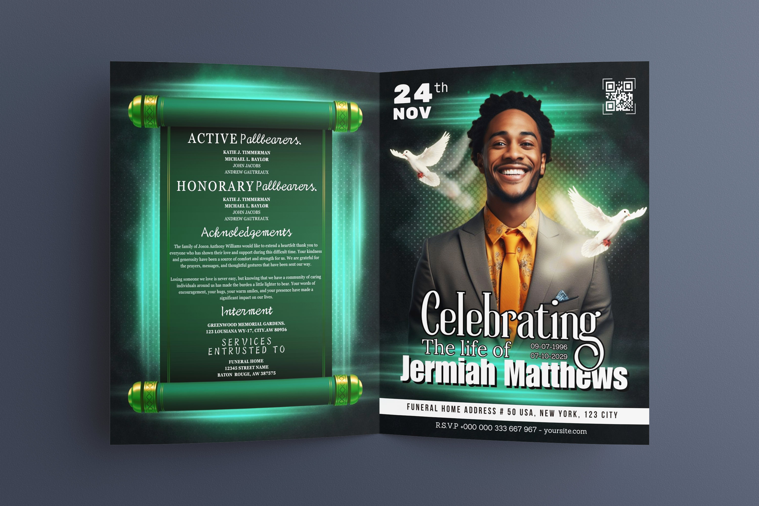 8 Page Green Funeral Program Template, Canva Funeral Booklet Template ...