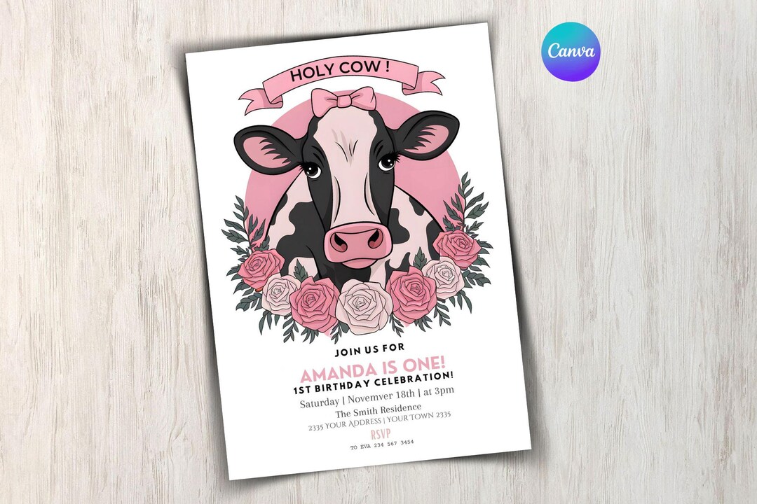 Cow Birthday Party Invite Editable Canva Template, Cute Cow Birthday ...