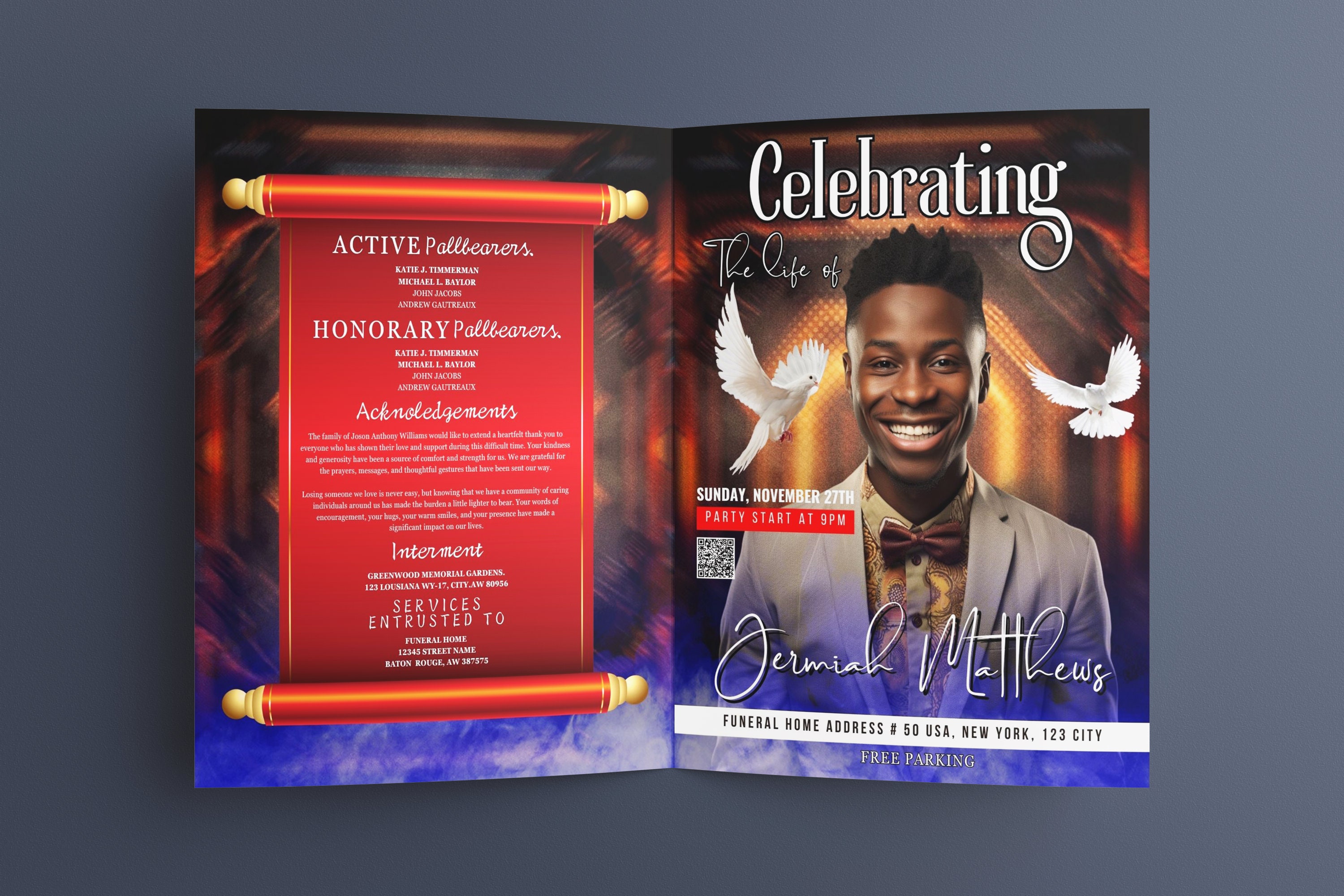 8 Page Red Gold Funeral Program Template, Canva Funeral Booklet ...