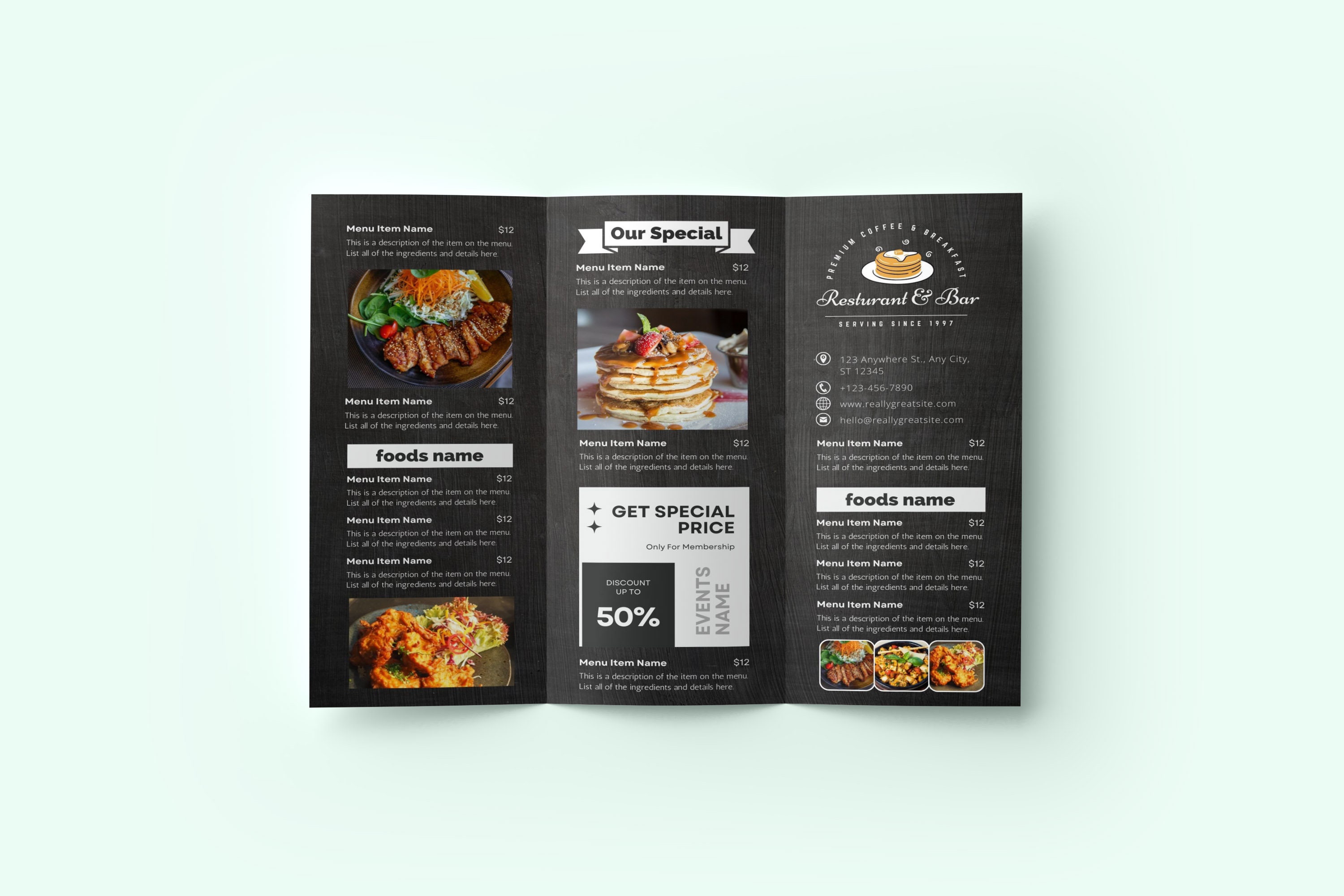 Black Trifold Food Menu Brochure Template, Modern Restaurant Menu ...