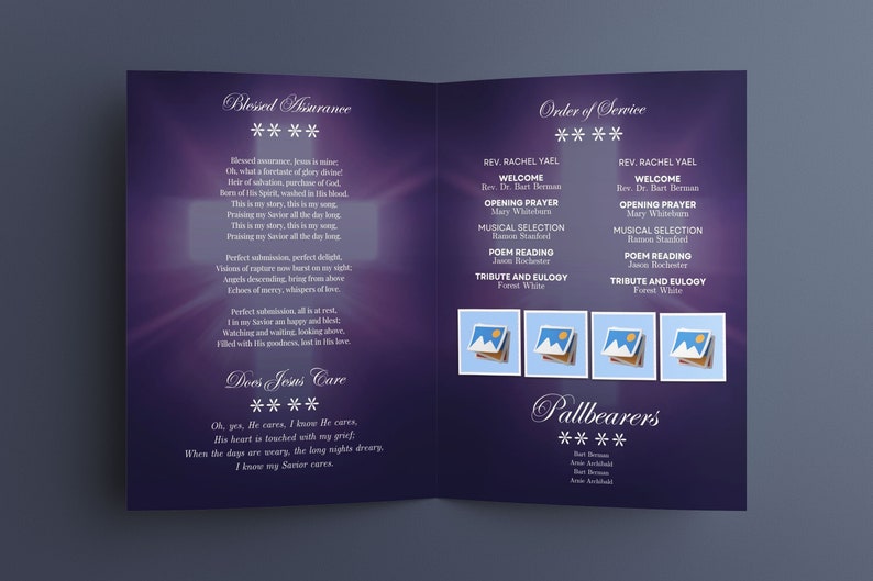 8 Page Funeral BOOKLET Memorial Program Purple Funeral Program ...