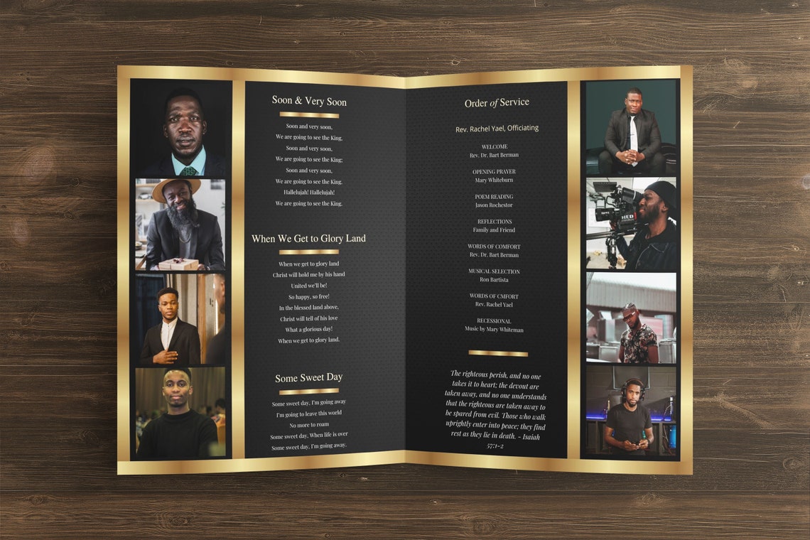 8 Page Black and Gold Funeral Program Template, 8 Page Funeral Booklet Program Template ...