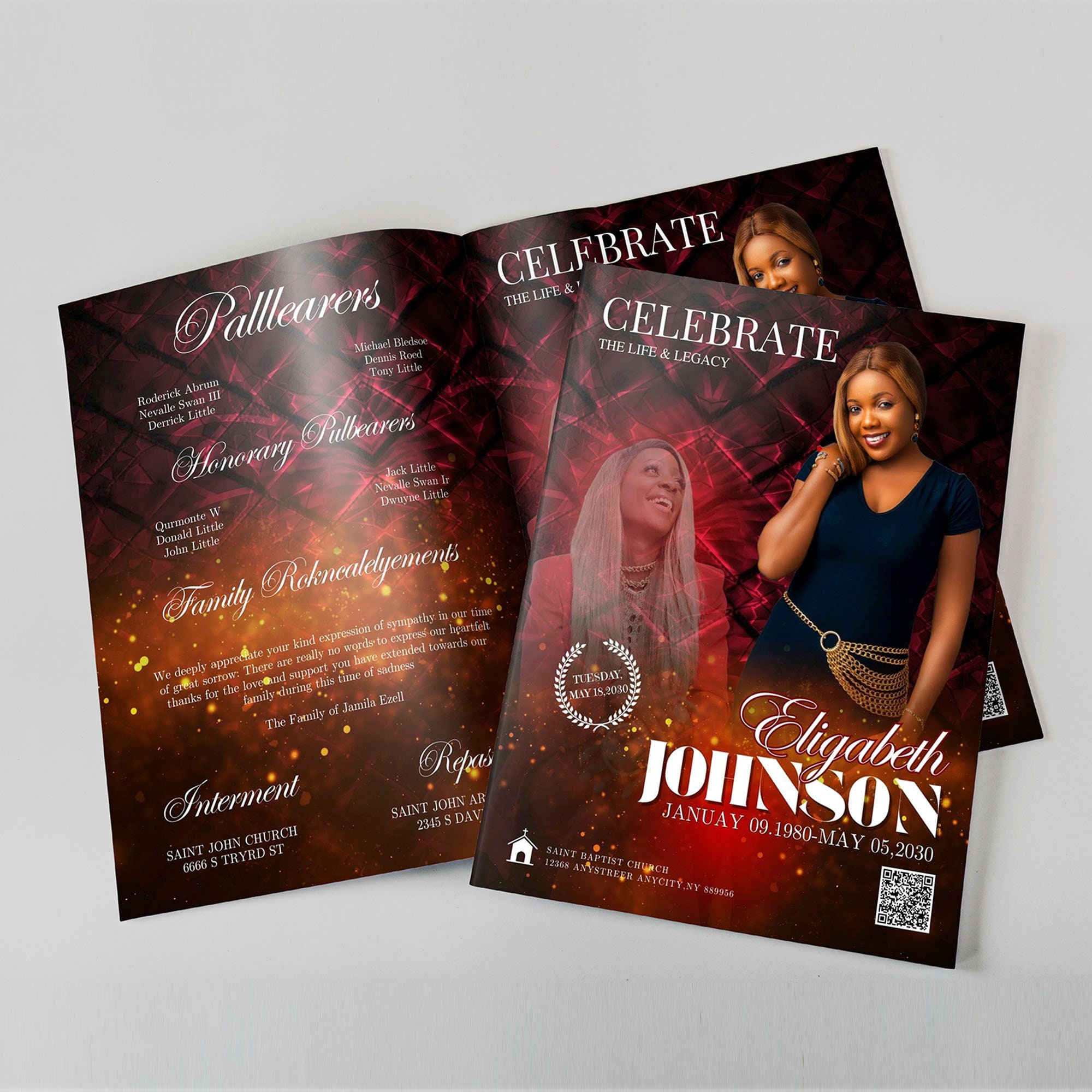8 Page Modern Red Magazine Funeral Program Template , Editable Bi-fold ...