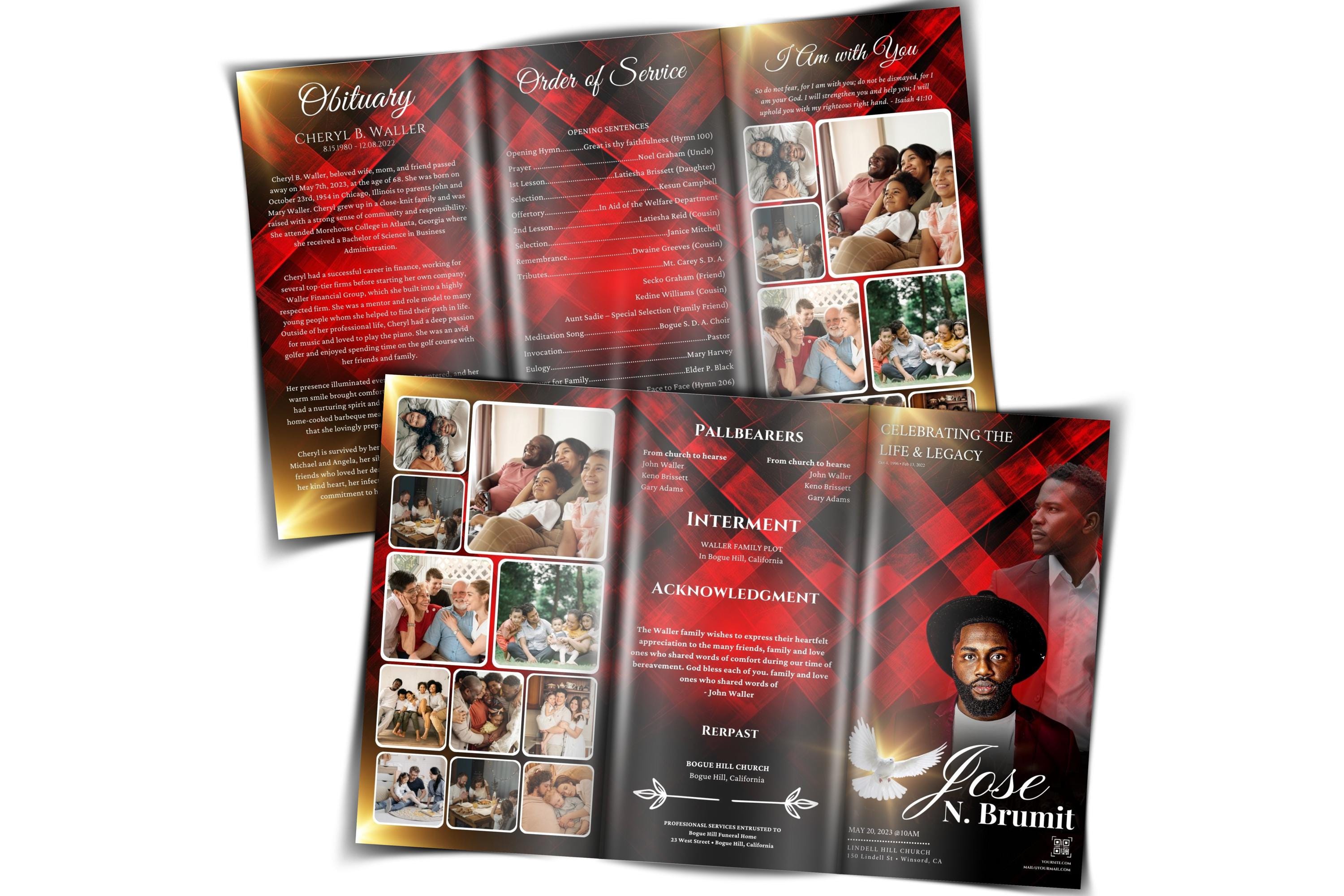 Red Luxury Trifold Funeral Program Template for Canva, in Loving Memory ...