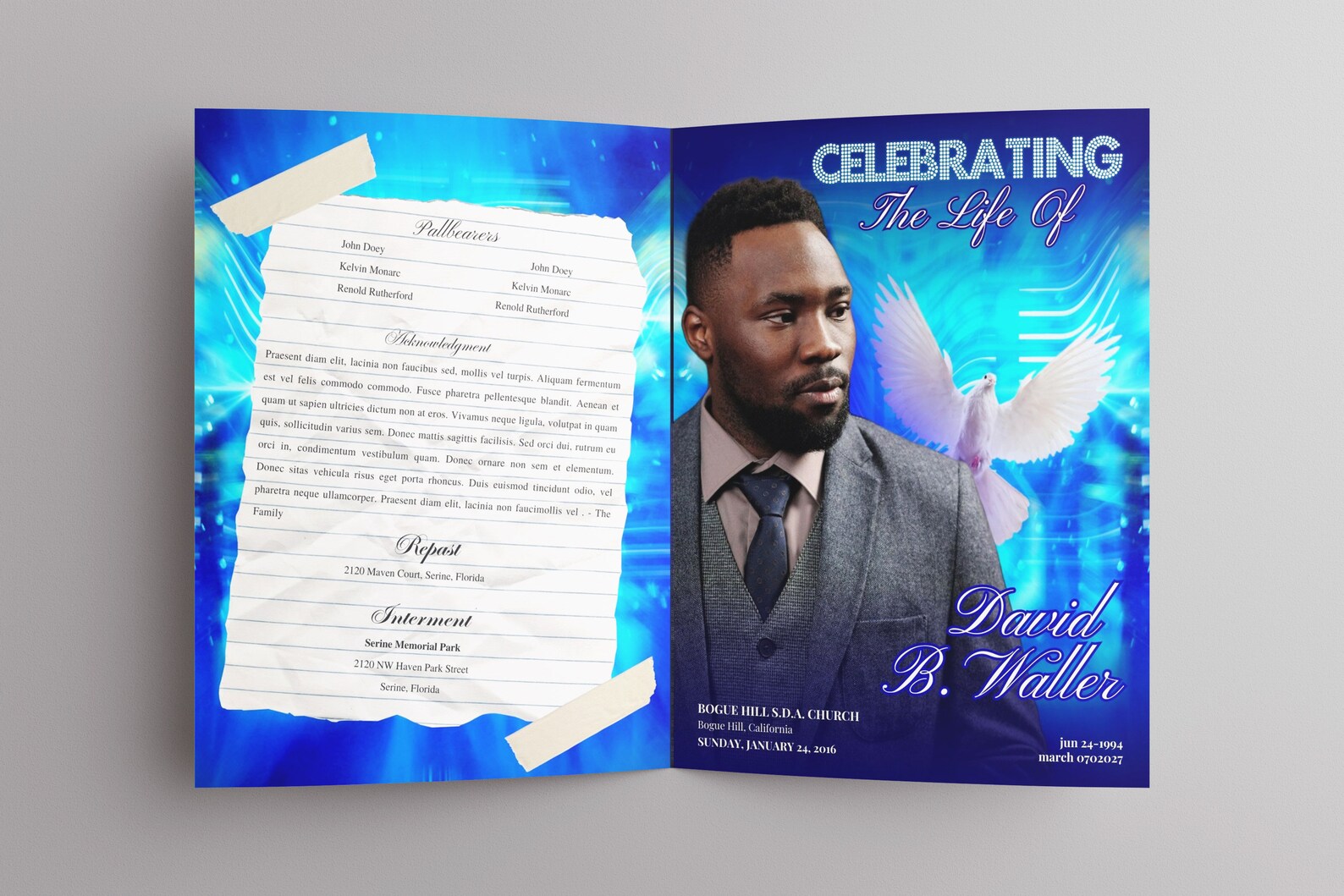Sky Blue Funeral Program Template, Magazine Style in Loving Memory ...