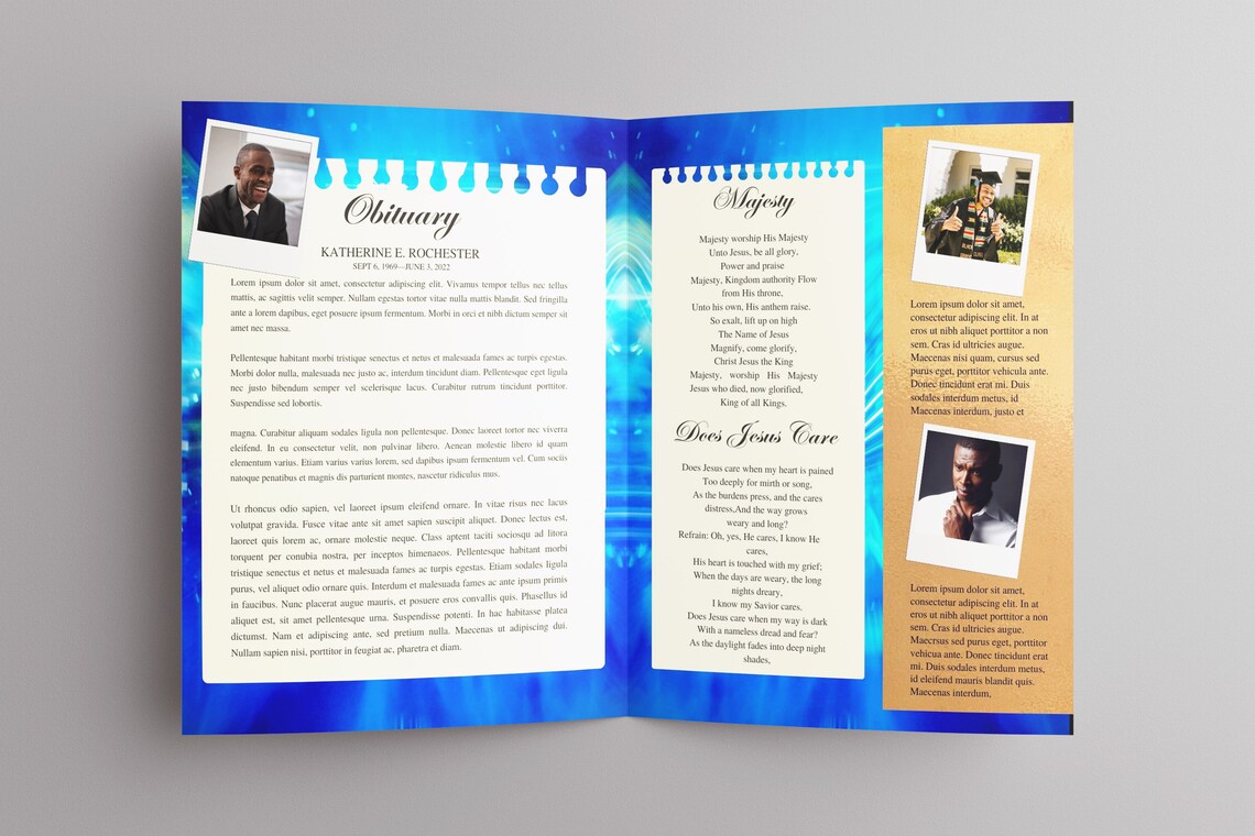 Sky Blue Funeral Program Template, Magazine Style in Loving Memory ...