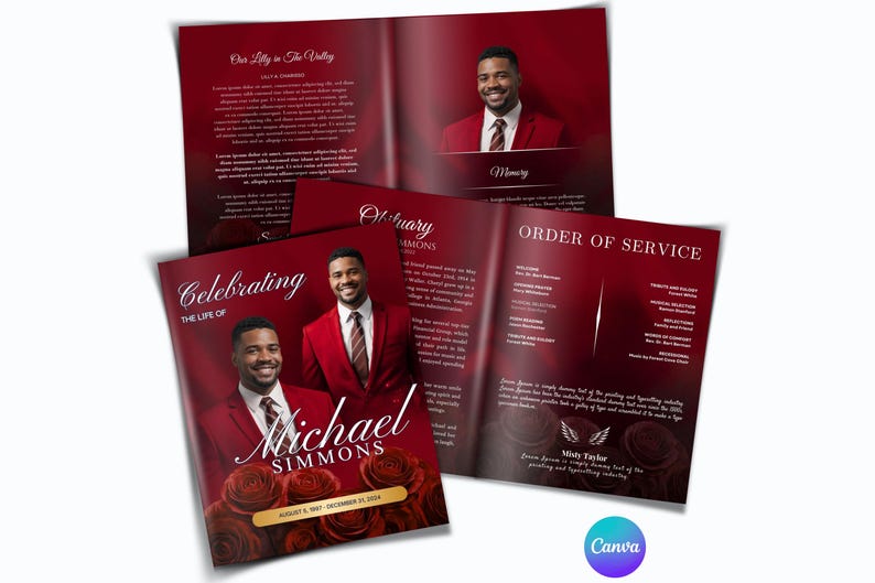 Modern Red Funeral Program Template | Editable & Printable 8 Pages | 8 ...
