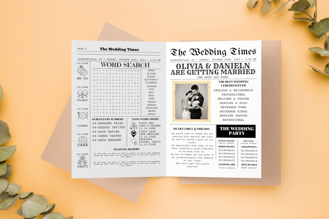 Editable Folded Newspaper Wedding Program Canva Template, 4 Page ...