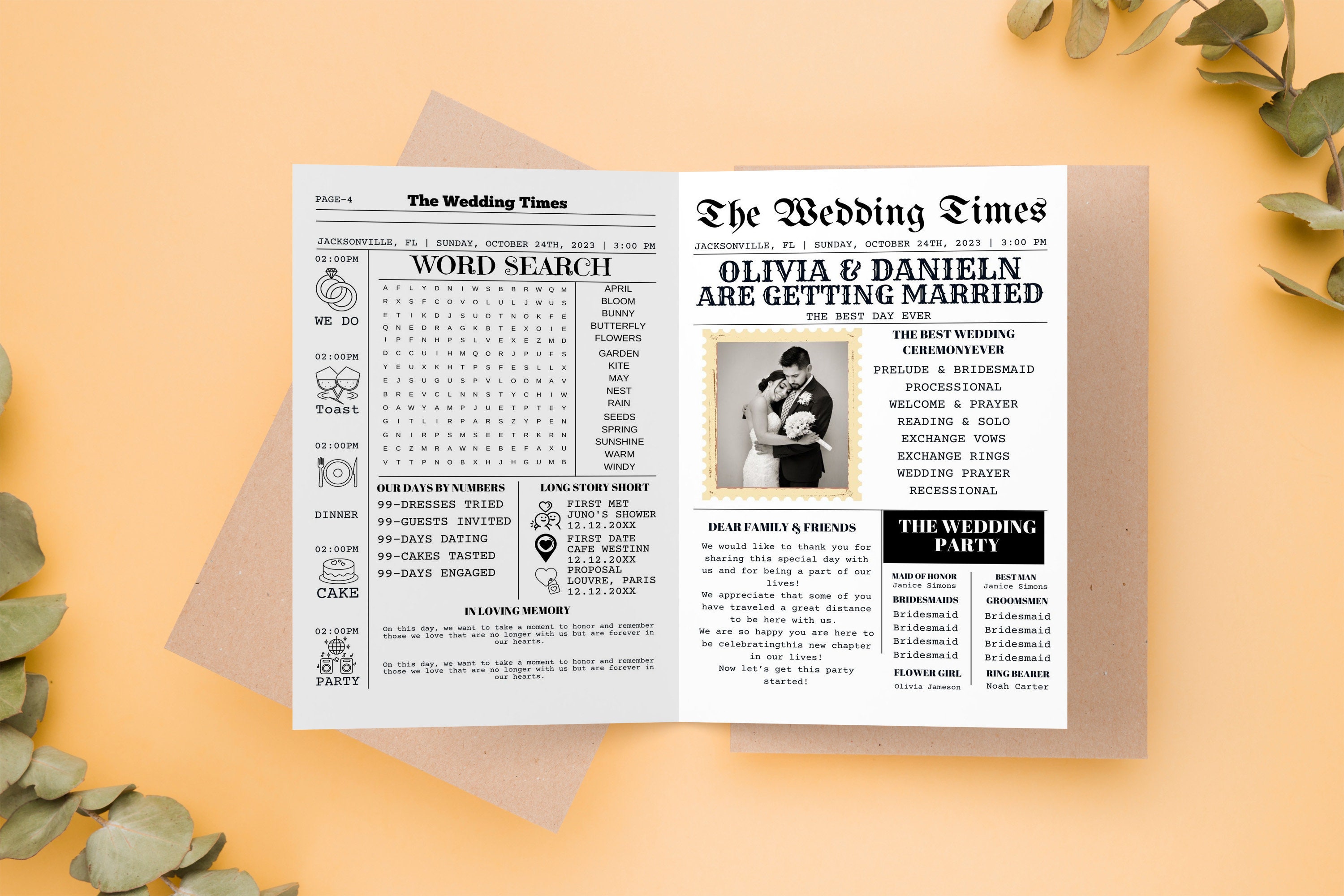 Editable Folded Newspaper Wedding Program Canva Template, 4 Page ...