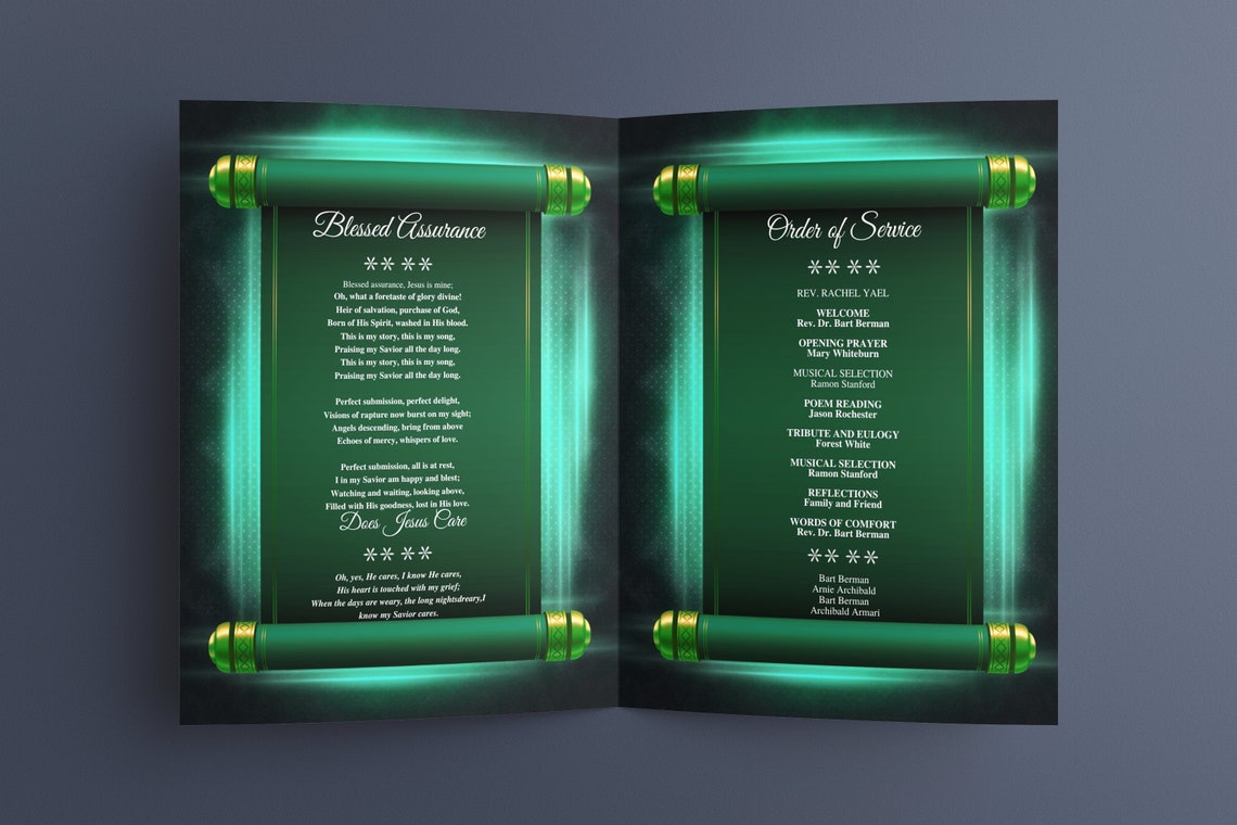 8 Page Green Funeral Program Template, Canva Funeral Booklet Template ...