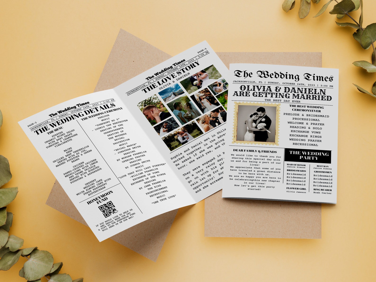 Editable Folded Newspaper Wedding Program Canva Template, 4 Page ...