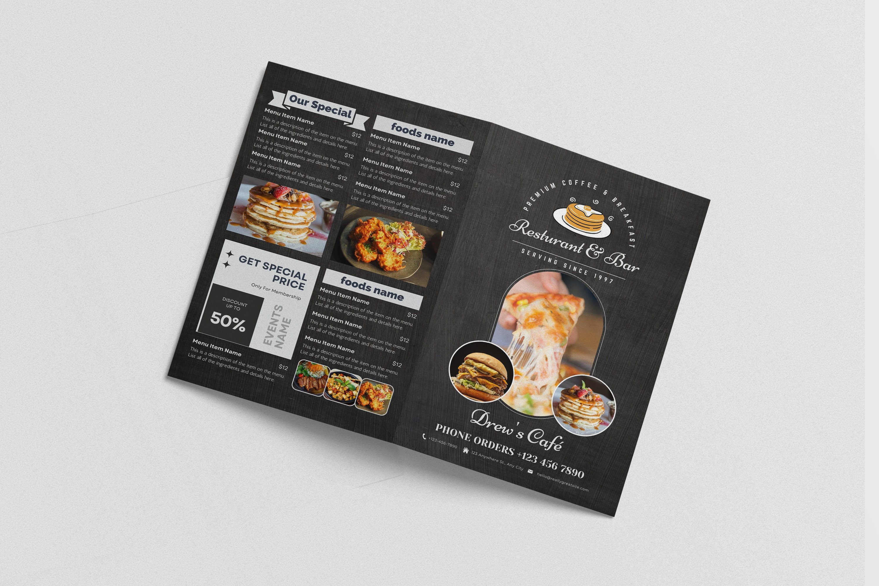 Bi-fold A4 Food Menu Black Template, Simple Food Menu Template, Modern ...