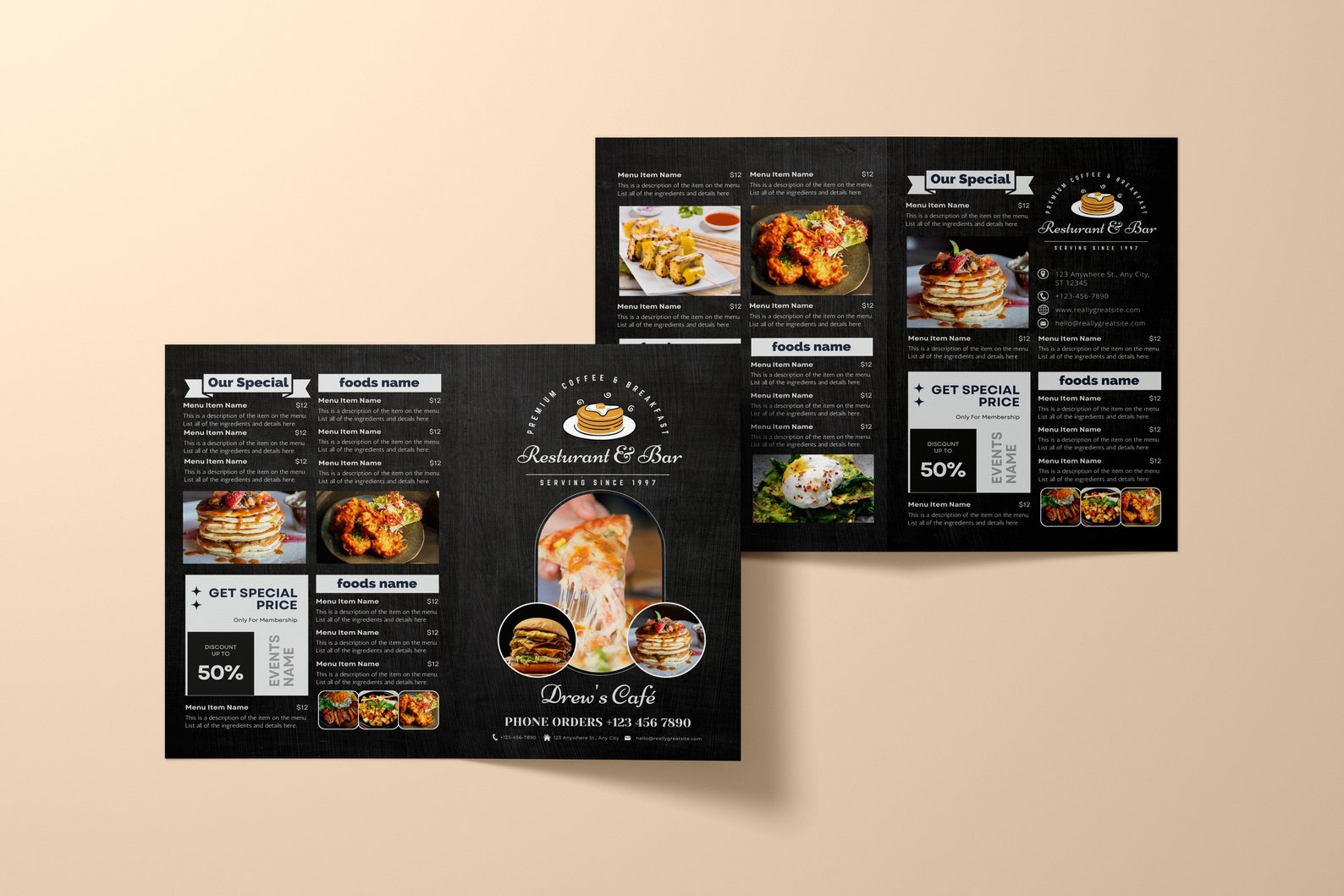 Bi-fold A4 Food Menu Black Template, Simple Food Menu Template, Modern ...
