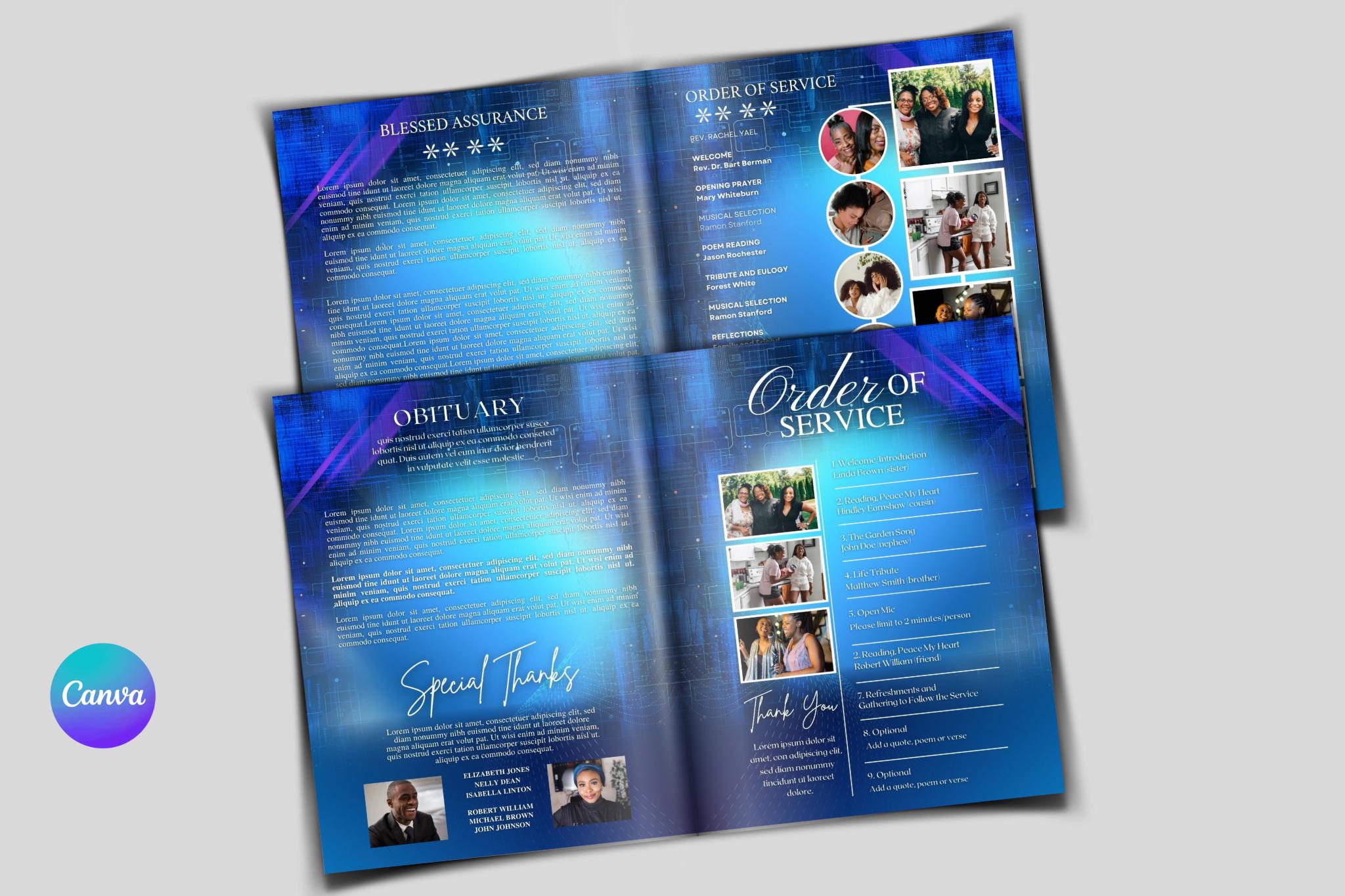 8-page Blue Funeral Program Booklet, Magazine Style 8 Pages Funeral ...