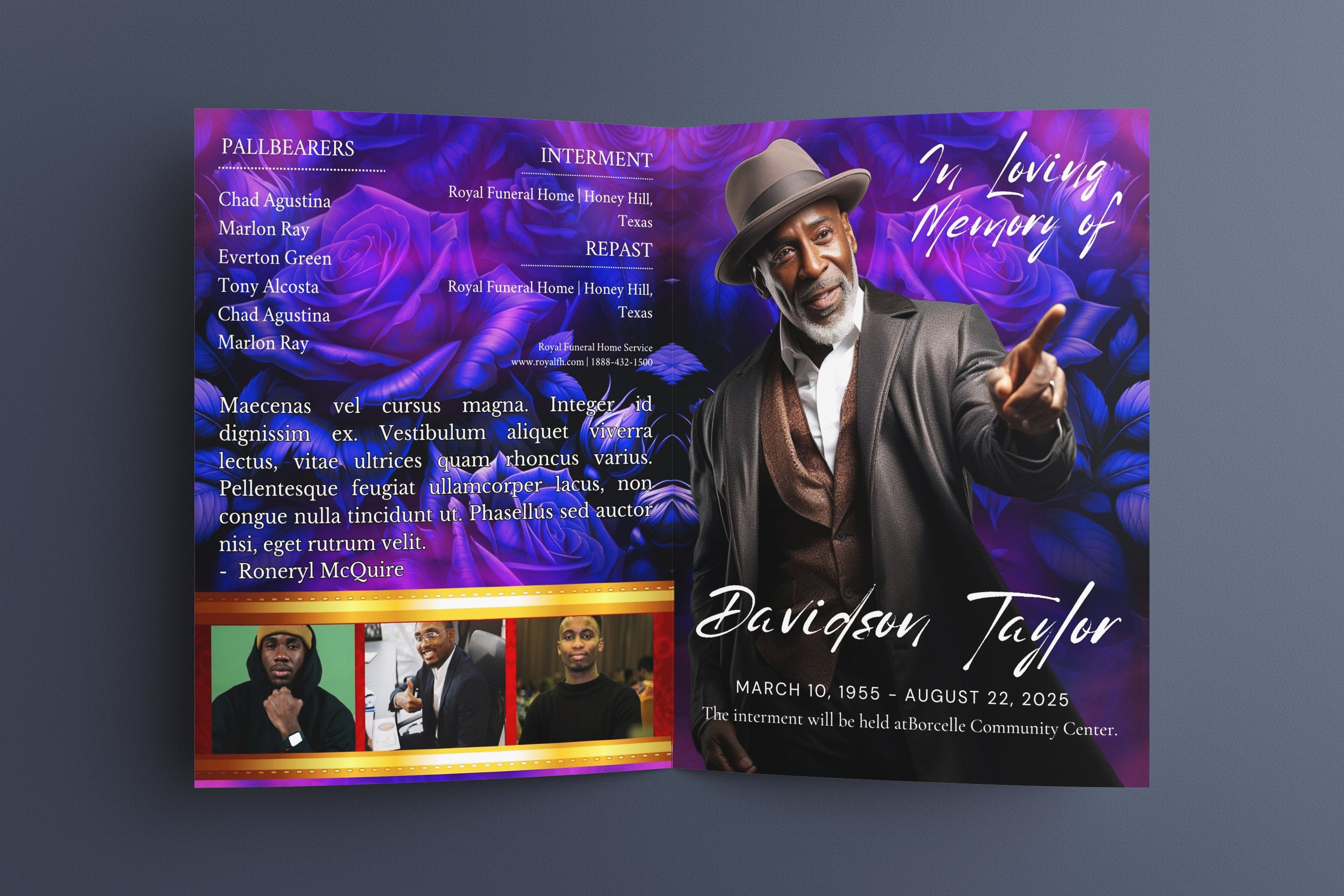 Printable Blue and Purple Rose Theme Memorial Service Program, 8-page ...