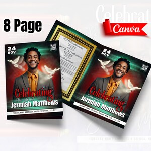 8 Page Red Funeral Program Template, Canva Funeral Template Printable ...