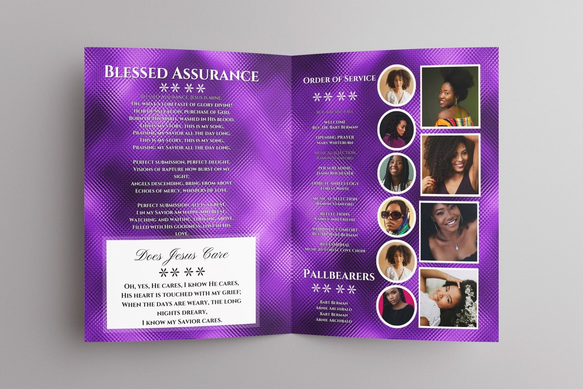Magazine Style Purple Obituary Template (8 Pages) Purple Style Funeral ...