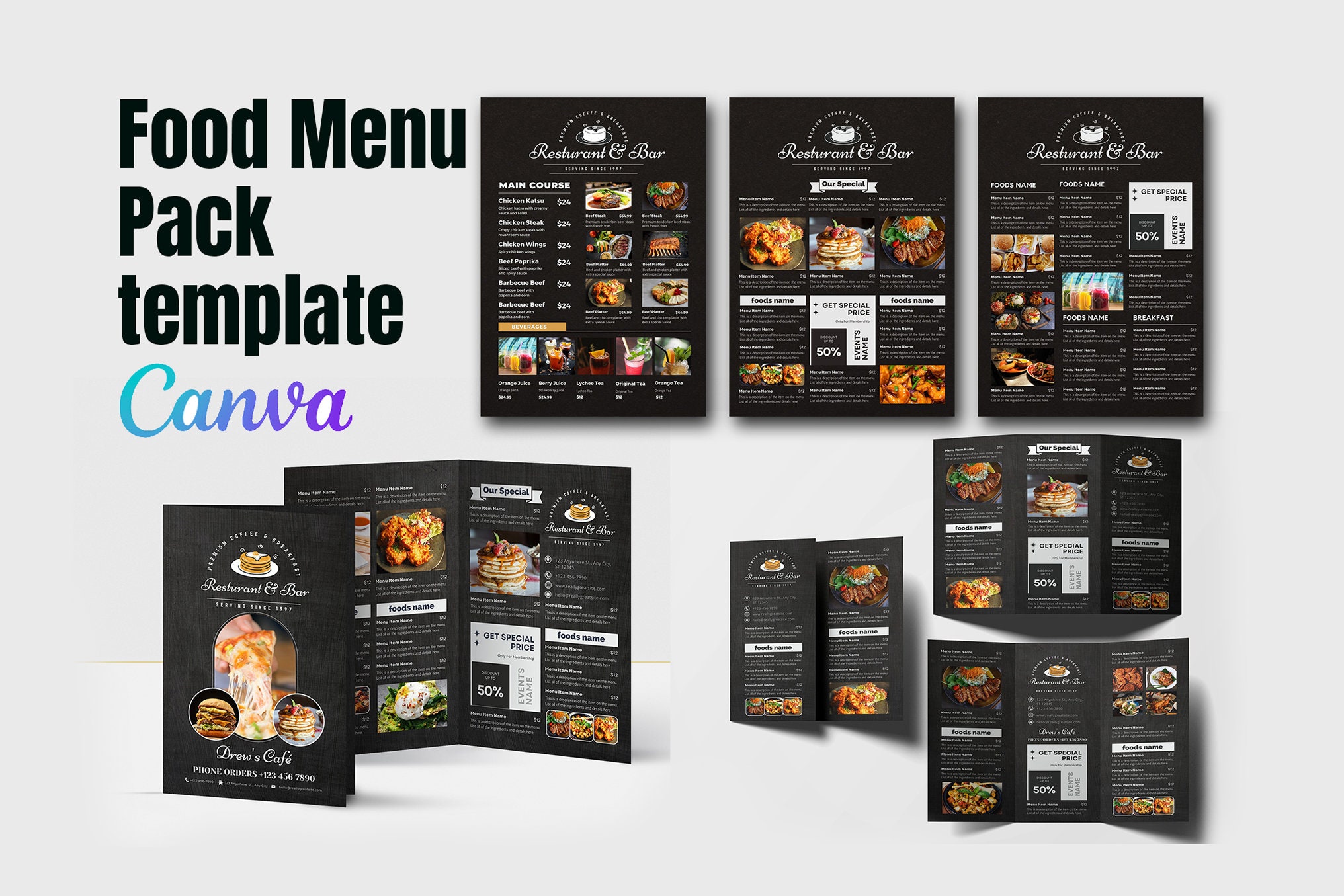 Restaurant Menu Pack, Canva Food Menu Bundles, Bifold Restaurant Food ...