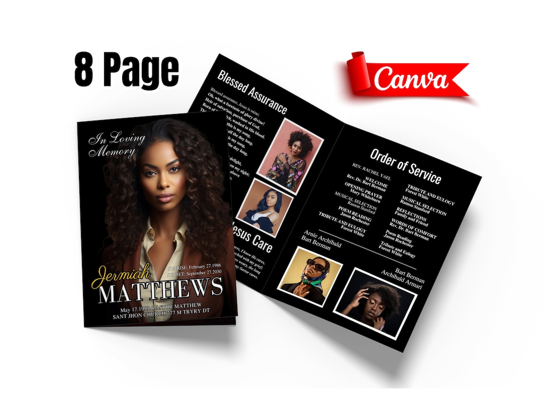 8 Page Funeral Program Template, Black Funeral Memorial Program ...