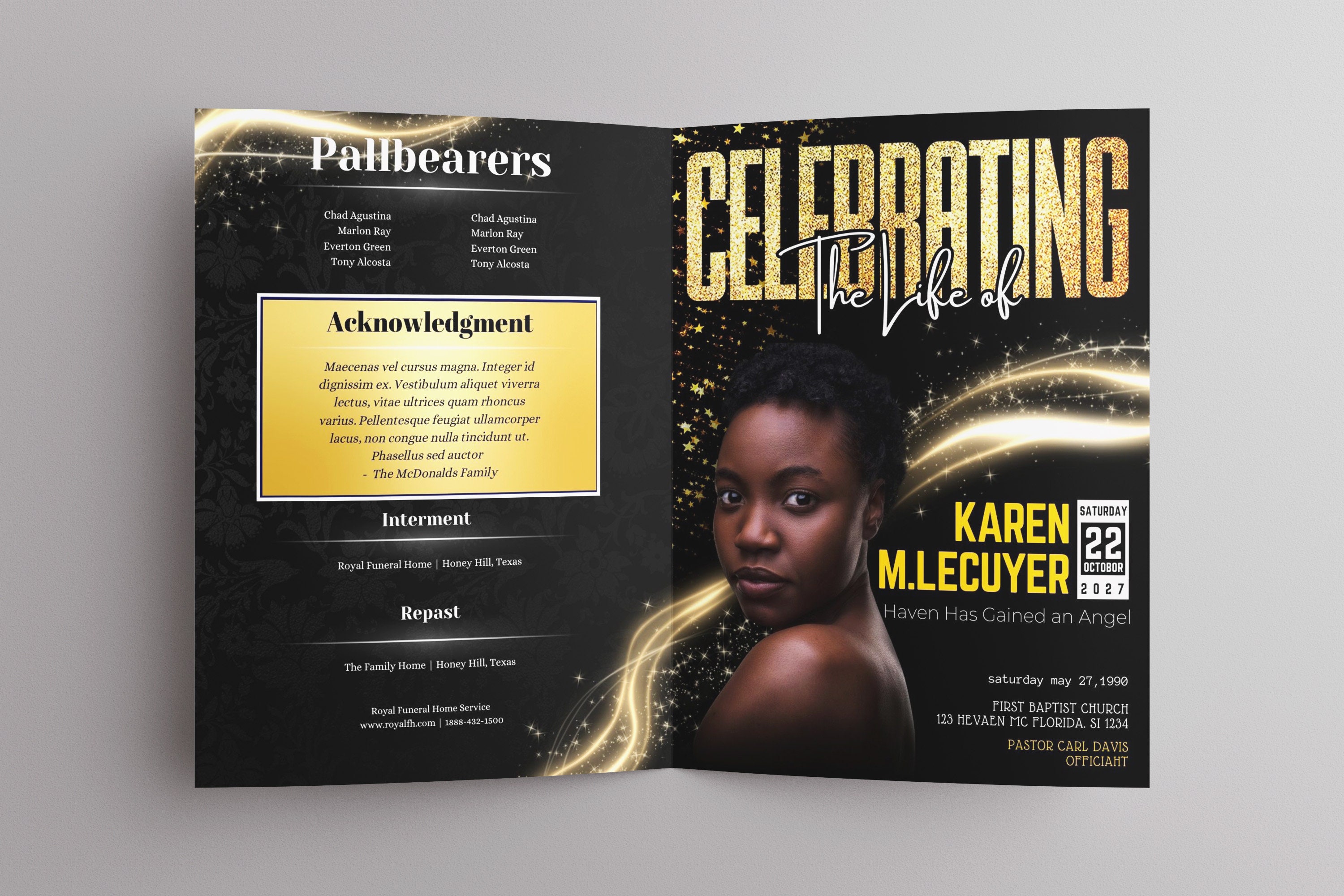 Gold Luxury Funeral Program Template, Large Magazine Style Booklet ...