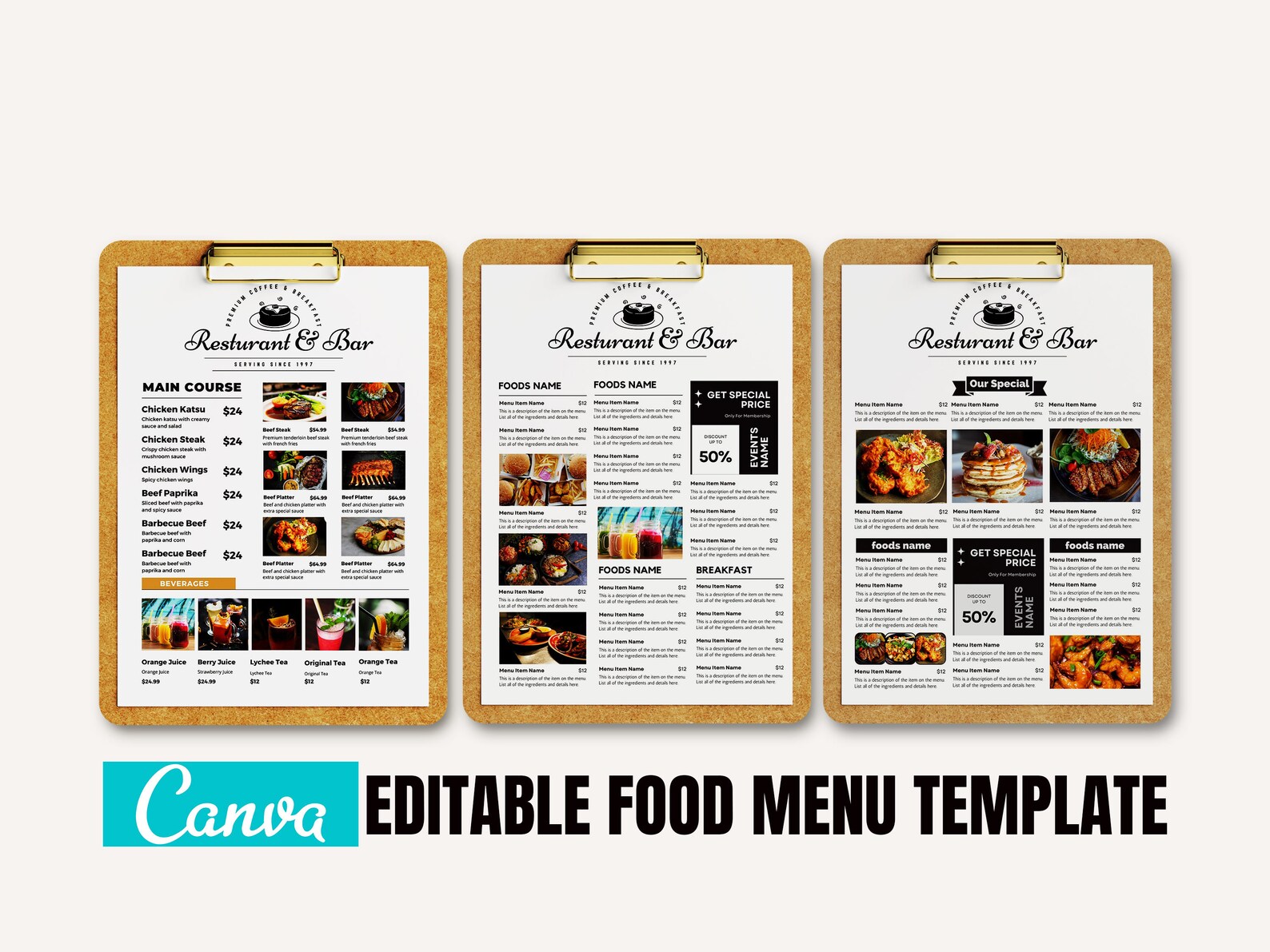 Food Menu Template Canva, Restaurant Menu Template, Modern Restaurant ...