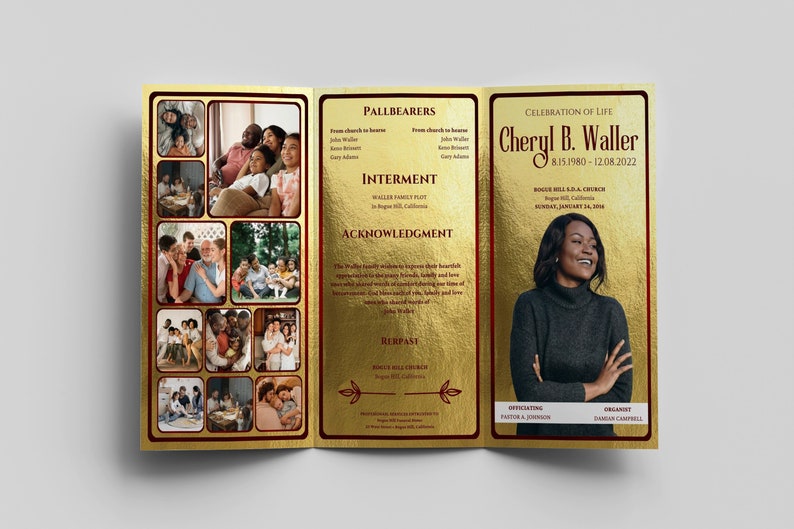 Golden Trifold Funeral Program Canva Template Funeral Program Memorial ...