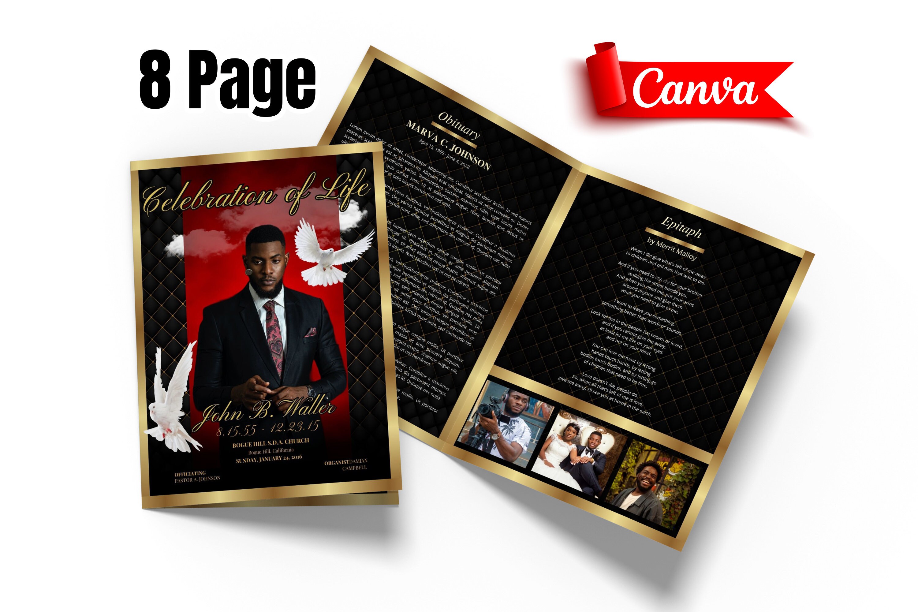 Modern 8 Page Funeral Program Template, Editable Funeral Program Bi ...