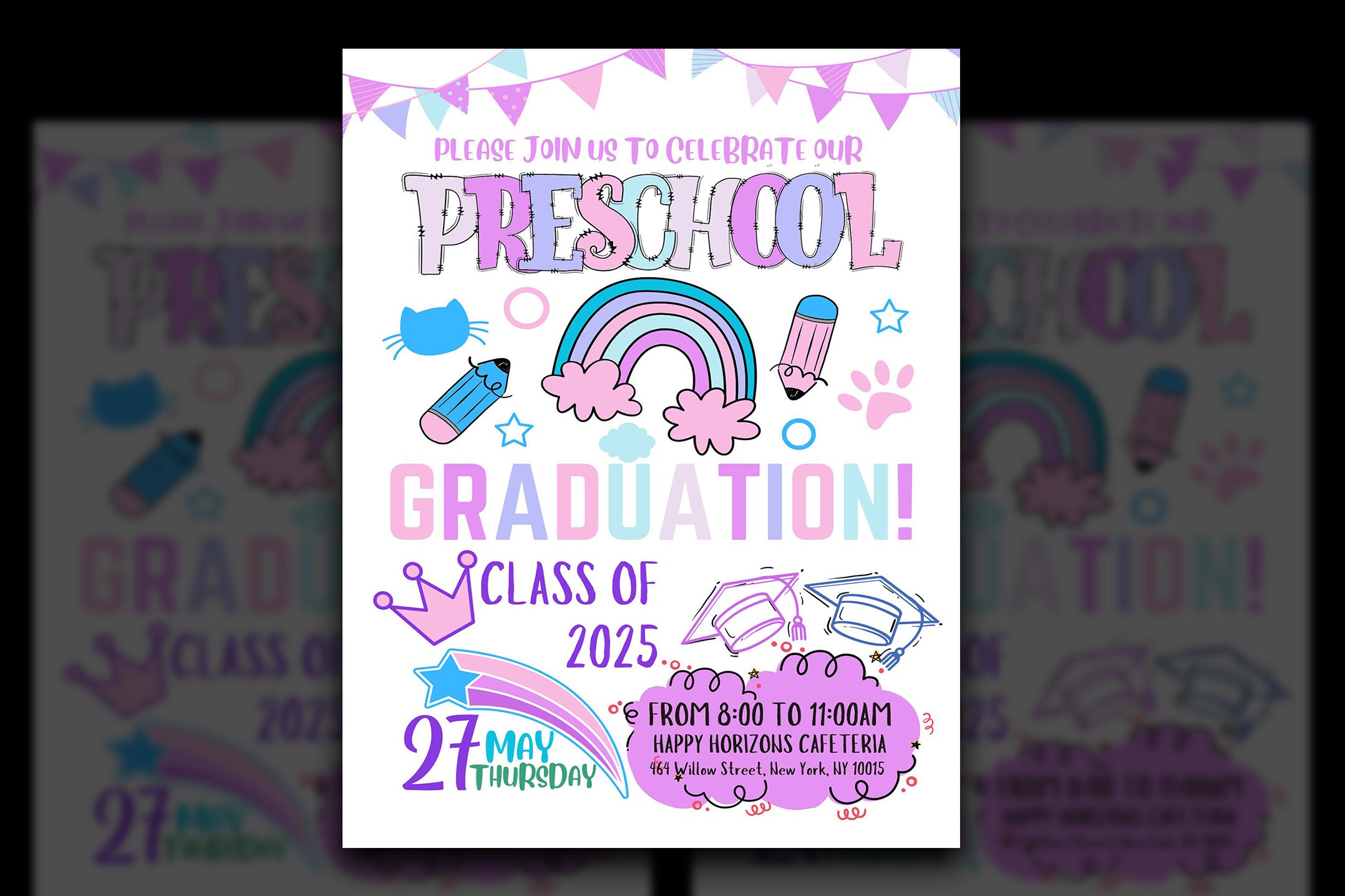 Preschool Graduation Invitation Colourful Graduation Invitation Digital ...