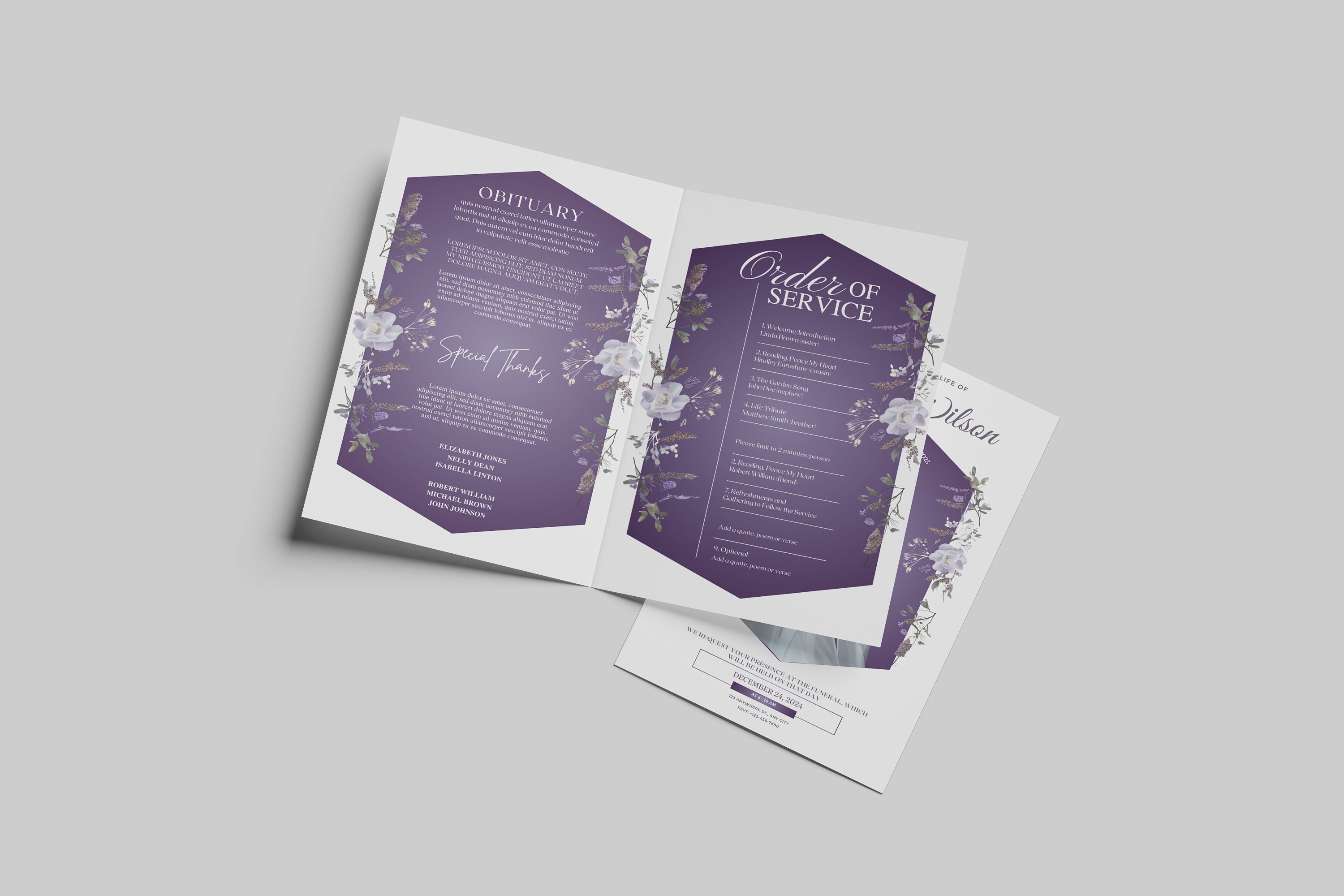 White Funeral Program Template, Floral Memorial Program, Editable ...