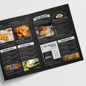 Bi-fold A4 Food Menu Black Template, Simple Food Menu Template, Modern ...