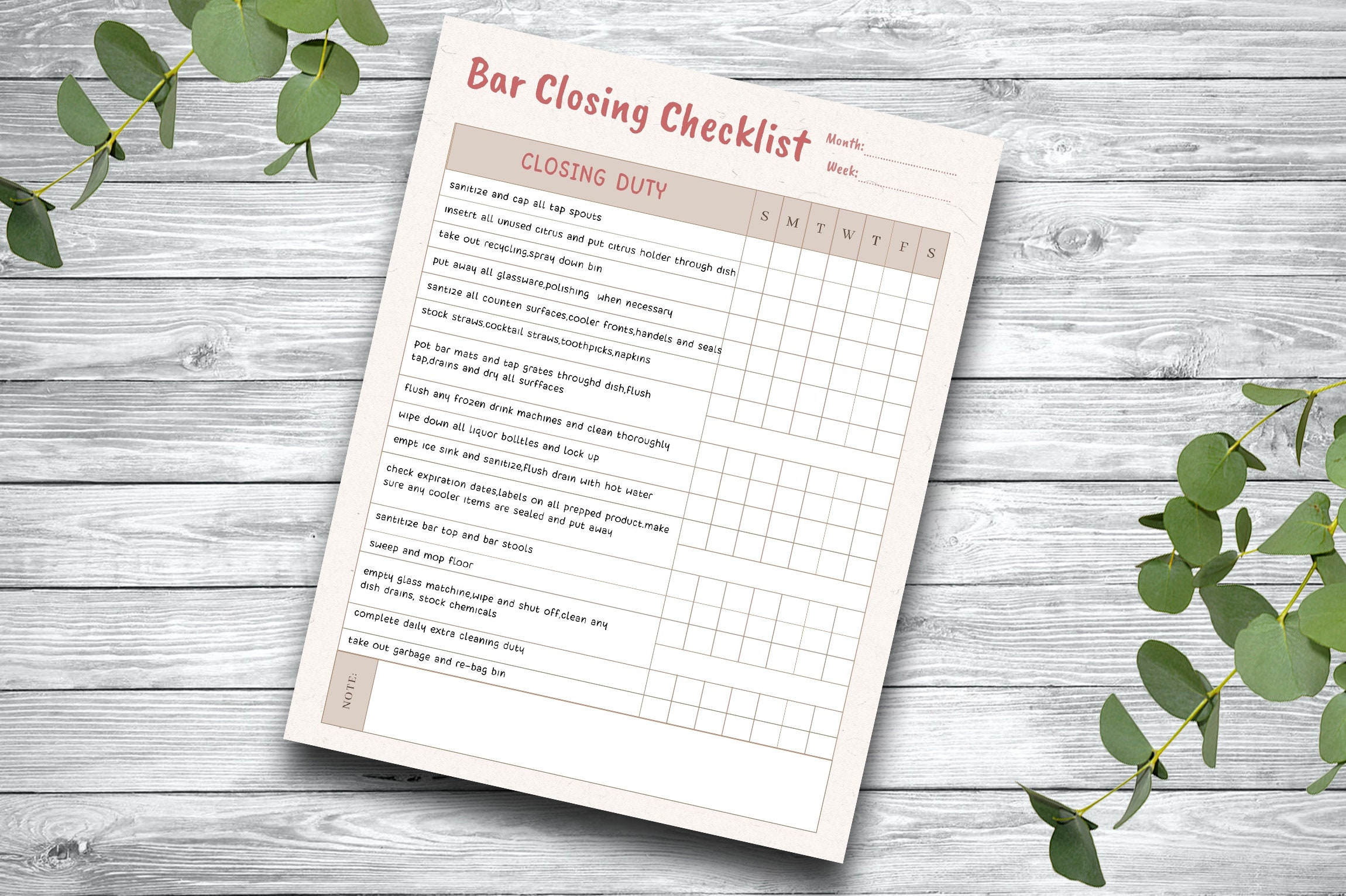 Editable Bar Closing Checklist Restaurant Bar Cleaning List Bar