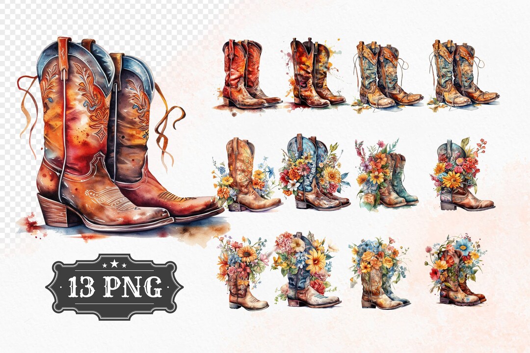 Western Flowers Boots Watercolor PNG Clipart, Cowgirl Boots Png ...