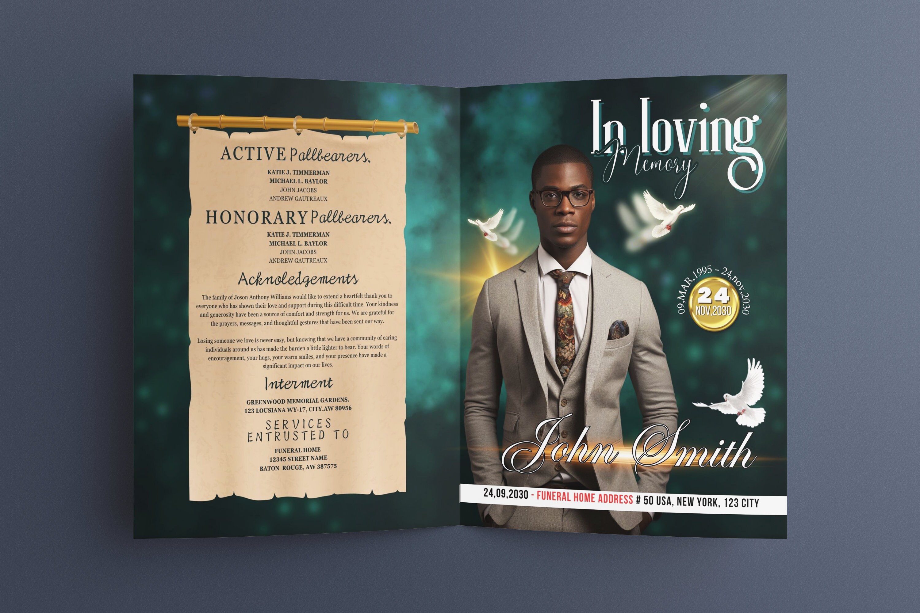8 Page Green Funeral Program Template, Canva Funeral Template Printable ...