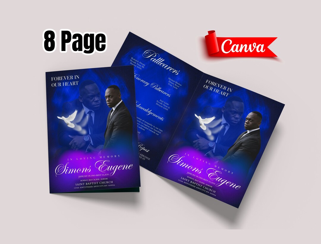 8 Page Funeral BOOKLET Memorial Program Template | Blue Funeral Program ...
