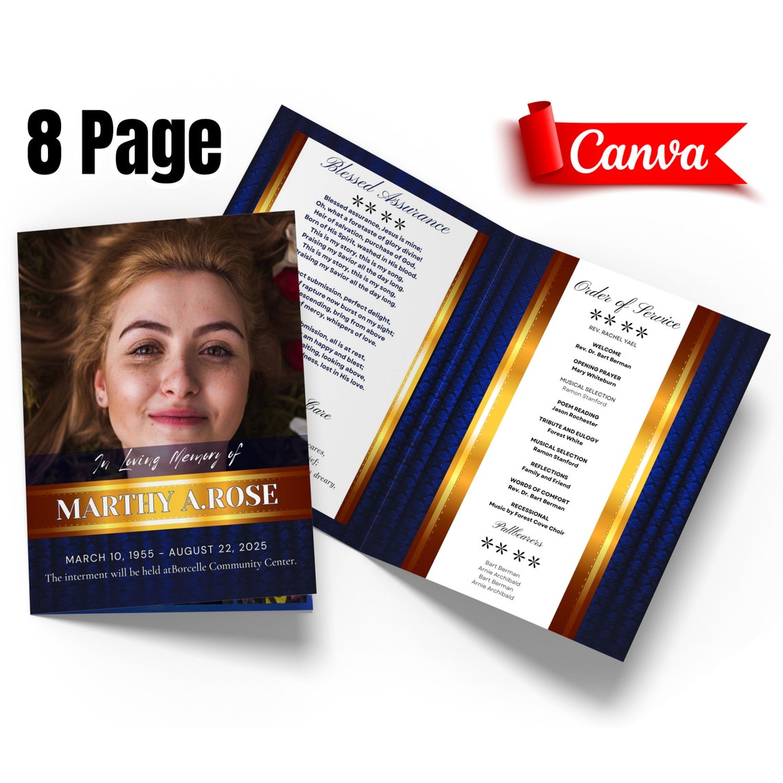 8 Page Elegant Blue Funeral Program Canva Template, Modern 8 Page ...