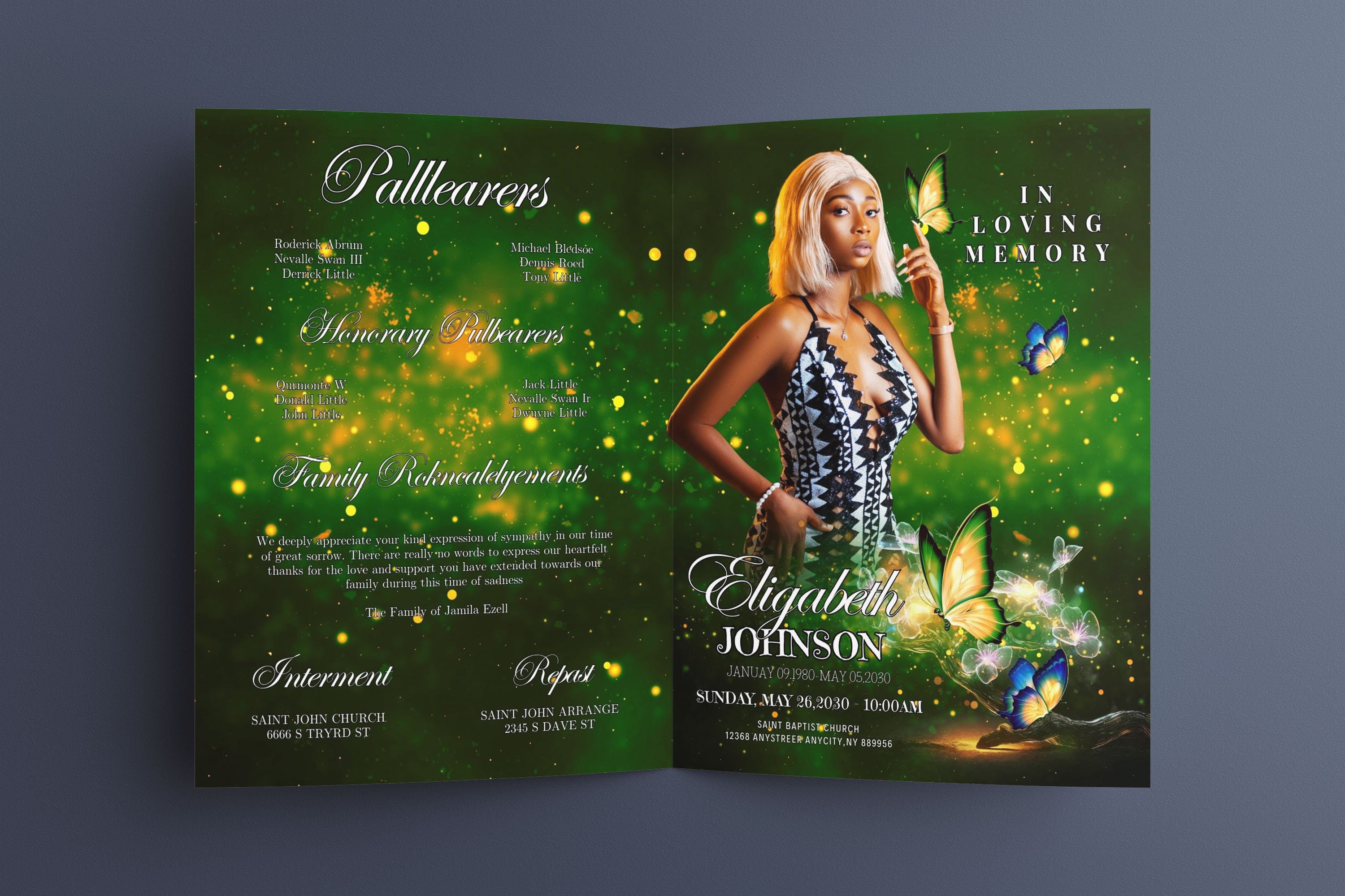 Green Magazine Style Funeral Program Canva Template, 8 Page Modern ...