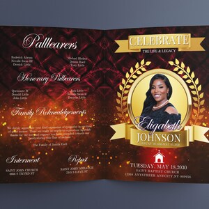 8 Page Modern Black Funeral Program Template , Editable Bi-fold Red ...