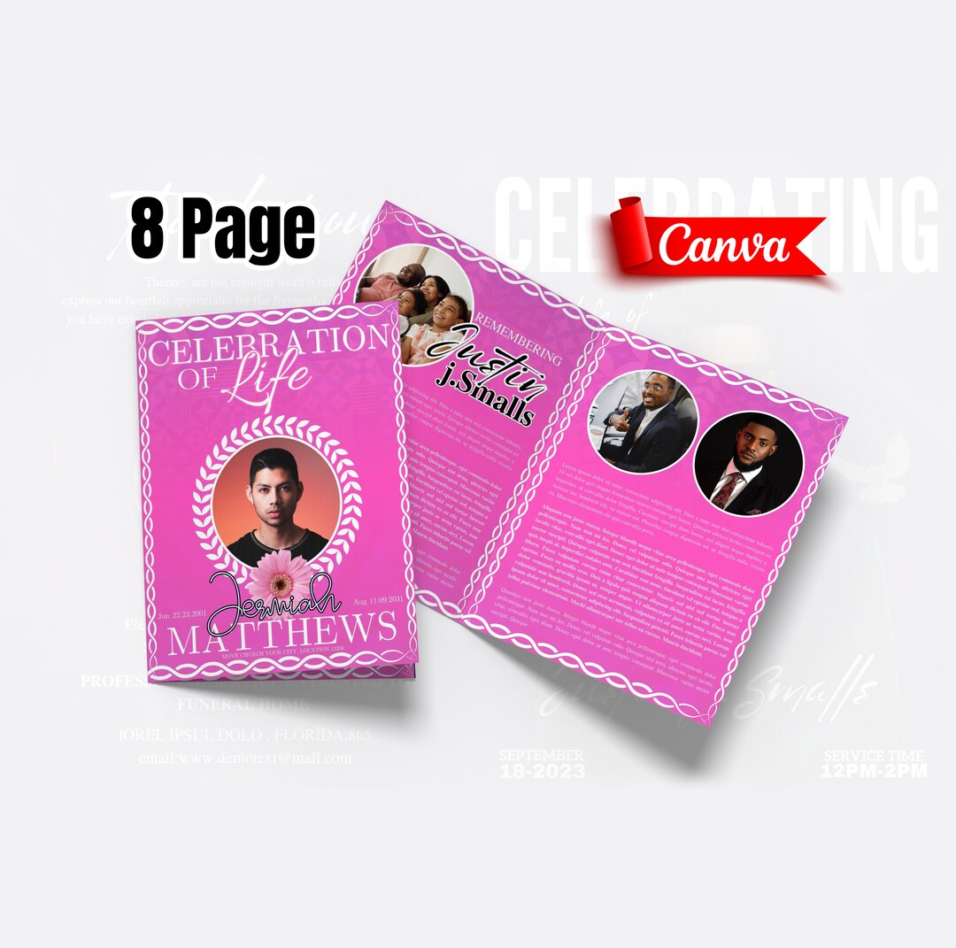 Edible Pink Funeral Program Template 8 Page Celebrating the Life of ...