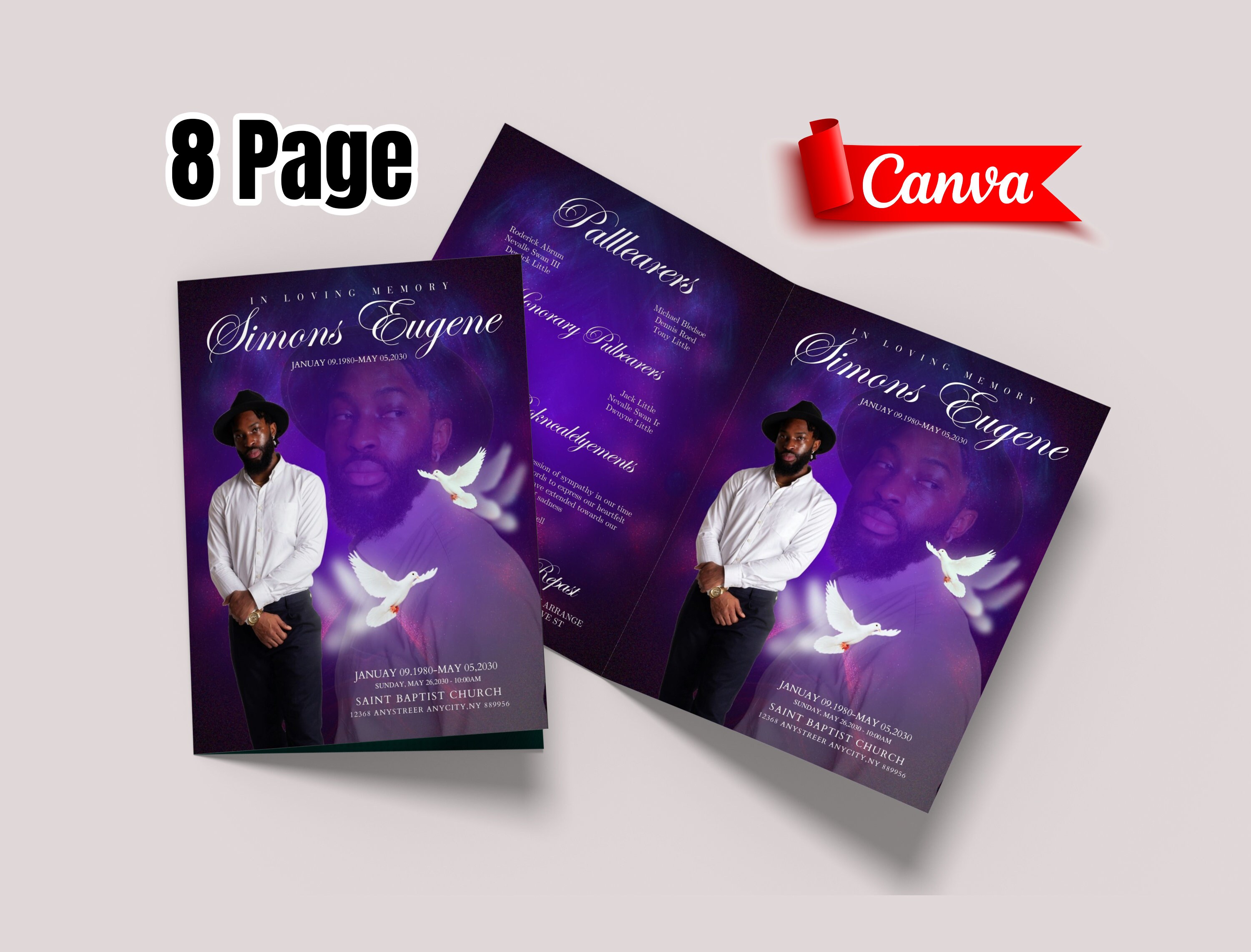 8 Page Funeral BOOKLET Memorial Program Template Purple Funeral Program ...