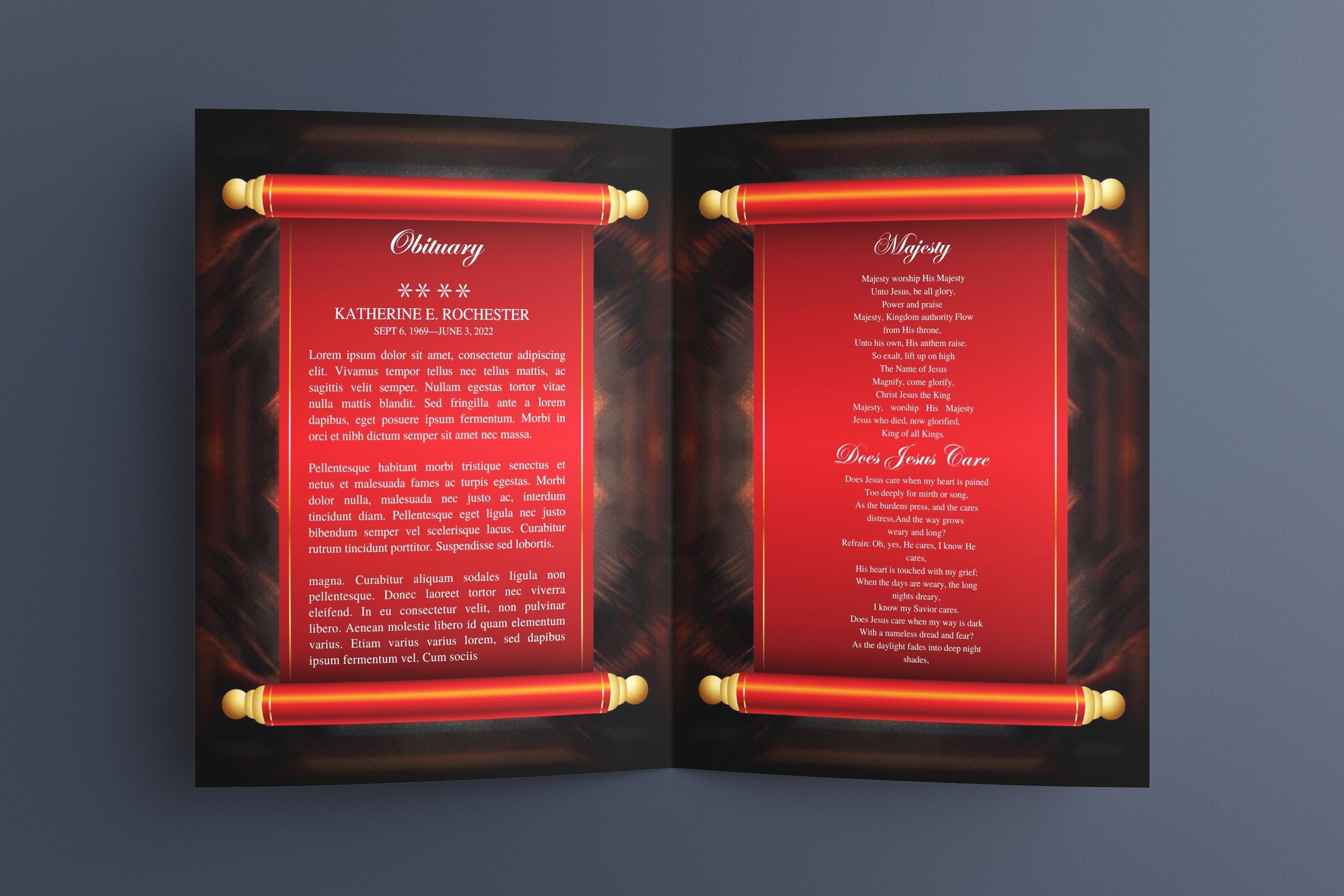 8 Page Red Gold Funeral Program Template, Canva Funeral Booklet ...