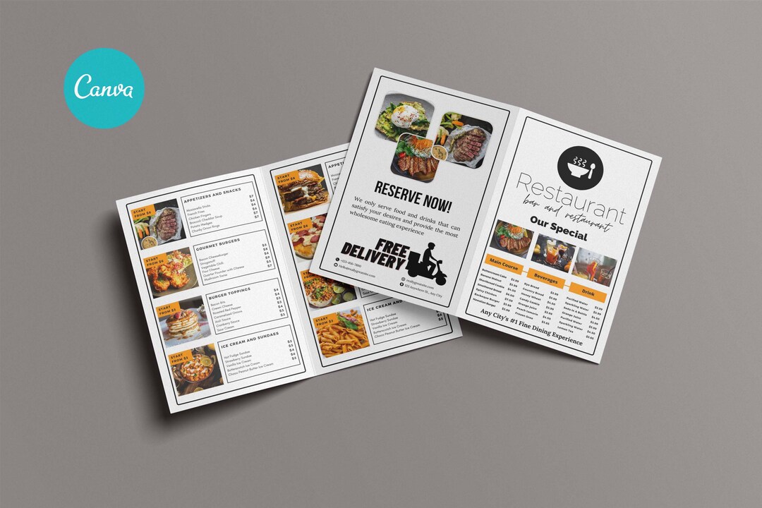 DIY Food Menu Bi-fold Brochure Template Canva, Restaurant Menu ...