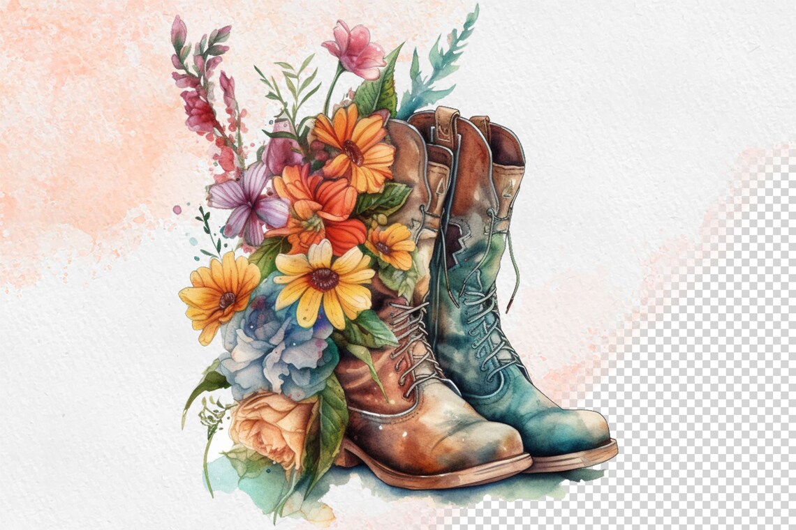 Western Flowers Boots Watercolor PNG Clipart, Cowgirl Boots Png ...