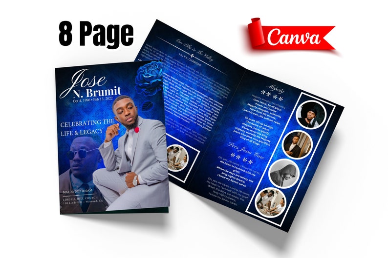 8 Page Blue Funeral Program Template, Canva Funeral Template Printable ...