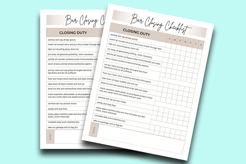 Restaurant Bar Cleaning List, Editable Bar Closing Checklist, Bar ...