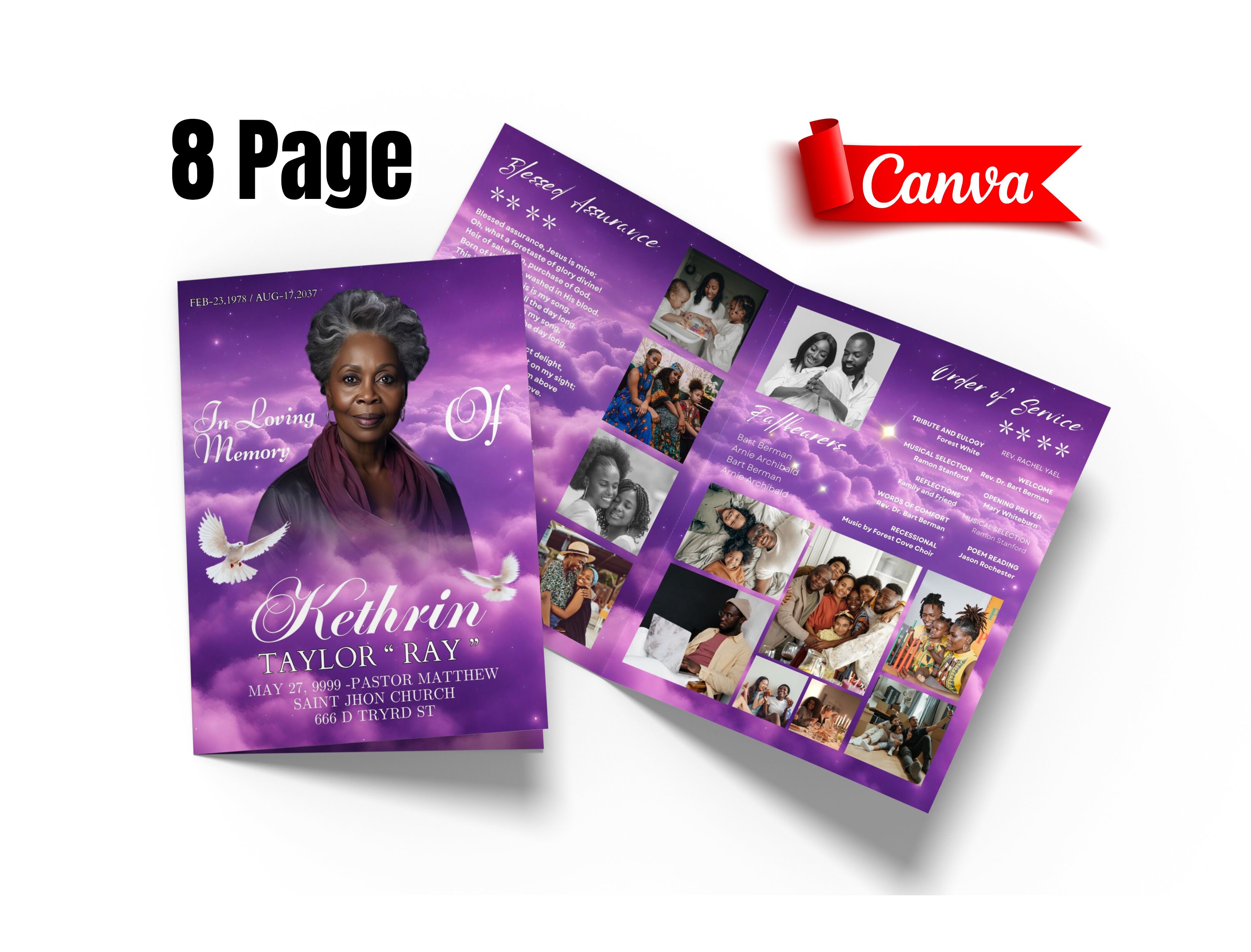 8 Page Purple Funeral Program Template, Canva Funeral Template ...
