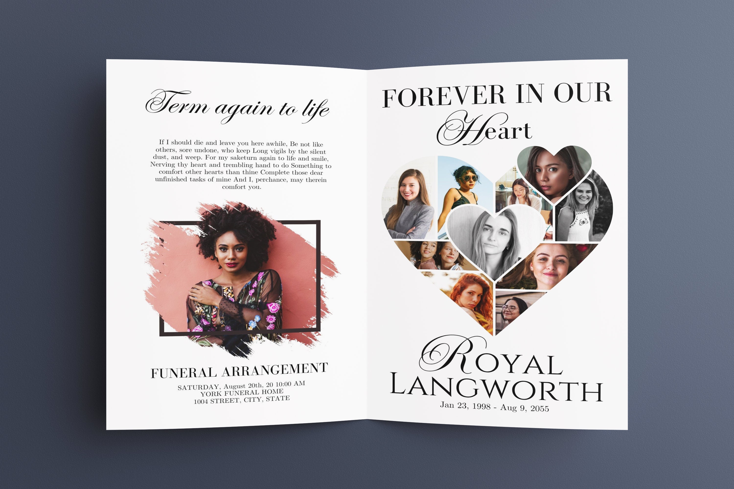 Heart Photo Collage Funeral Program Template, 4 Page Funeral Program ...